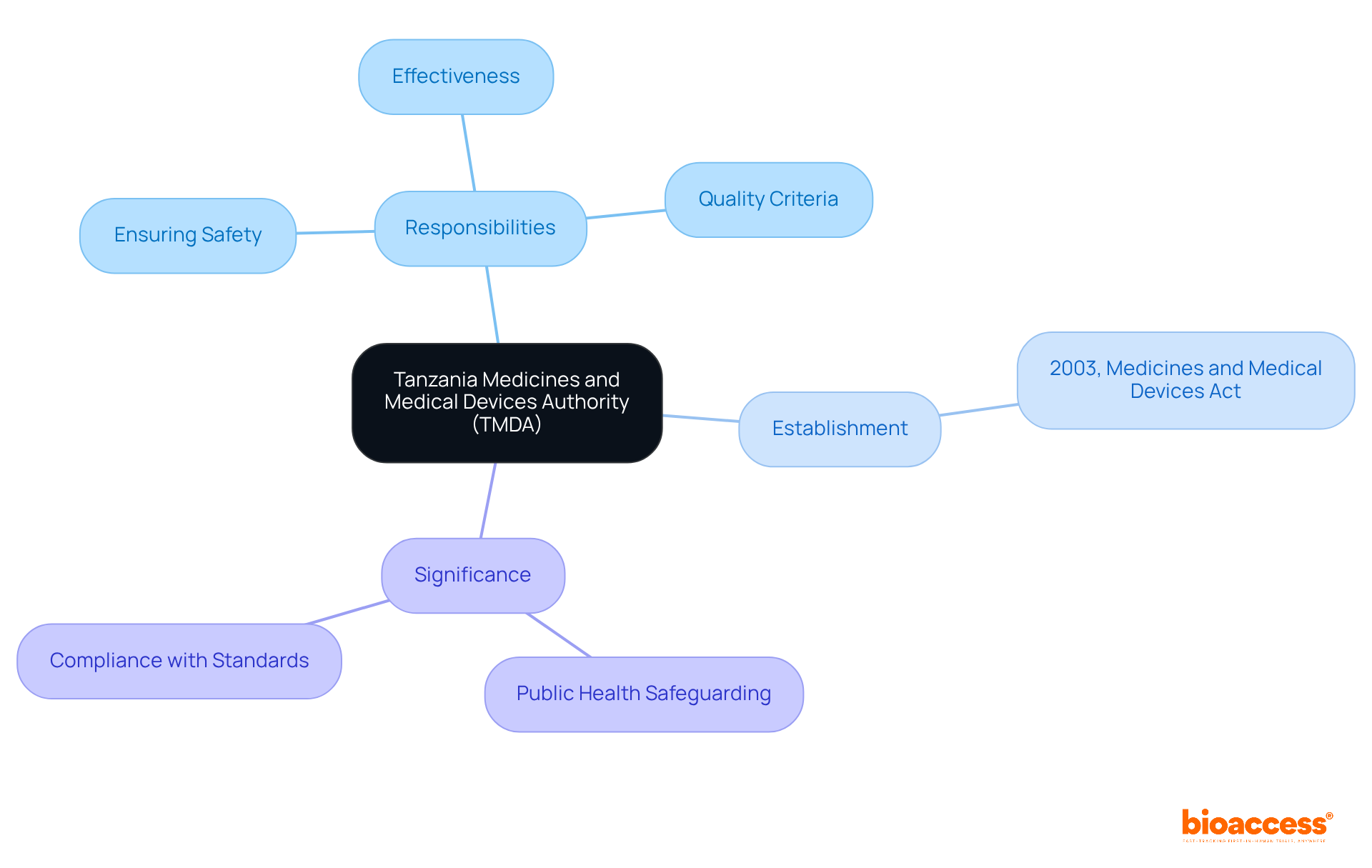 The central node represents TMDA, while the branches show its main responsibilities, when it was established, and its importance in the healthcare landscape. Each color-coded section helps differentiate these aspects.