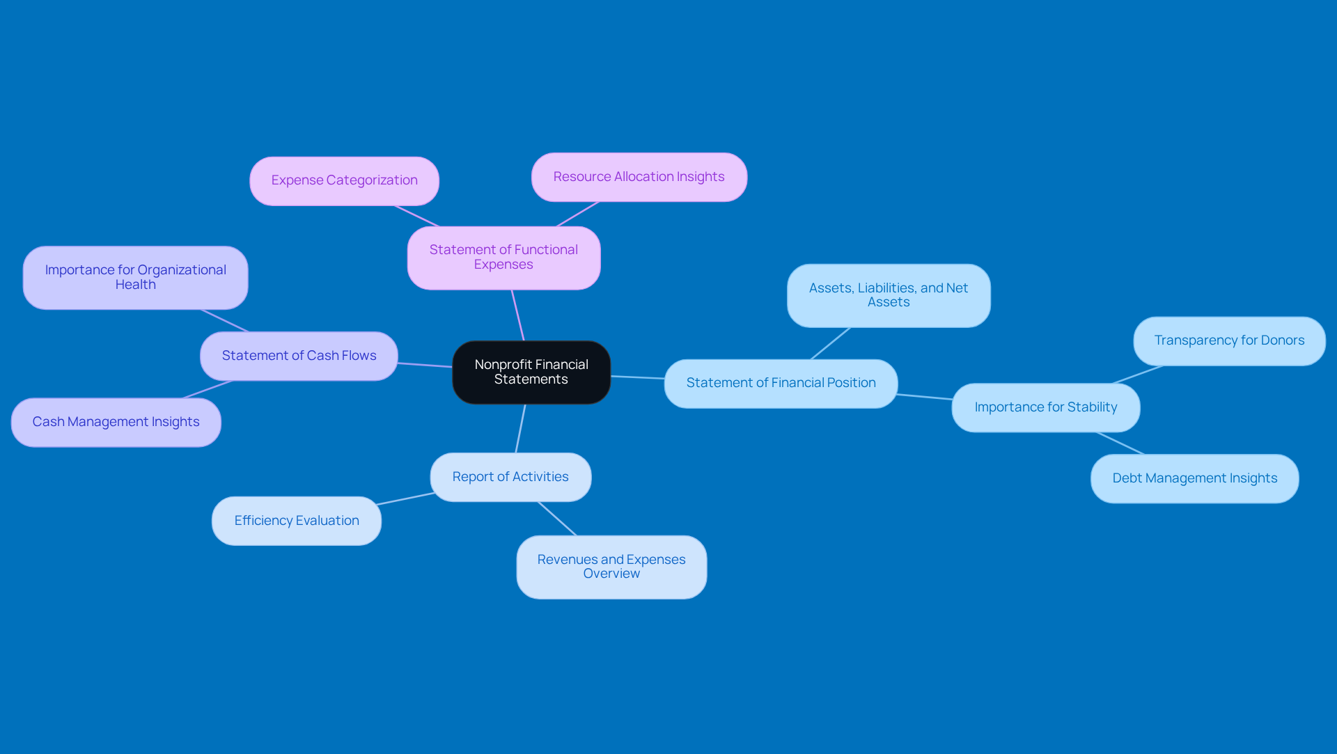The center represents the main topic of nonprofit financial statements. Each branch leads to a specific financial report, with further details on what each report entails and its significance for the organization. This structure helps you see how each part contributes to understanding the overall financial health of a nonprofit.