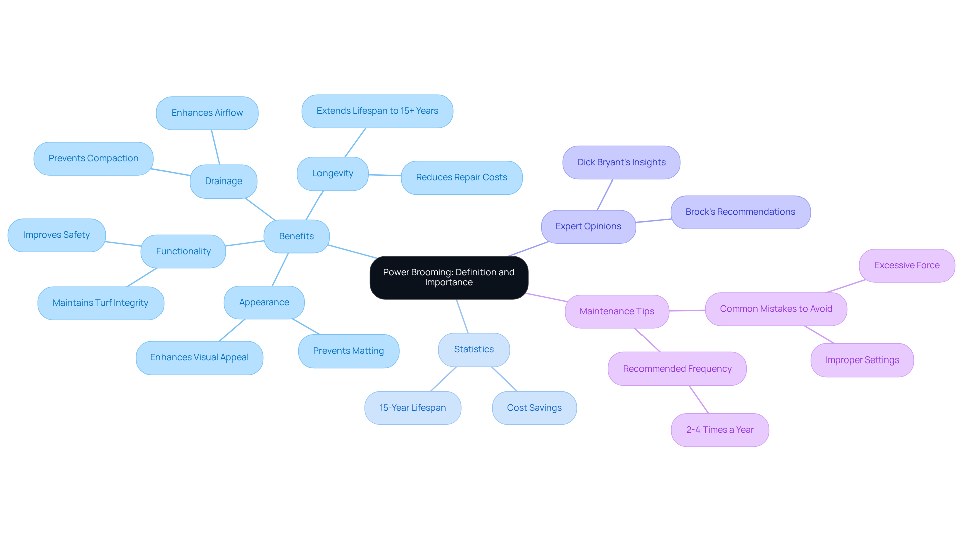 This mindmap starts with the main idea of power brooming at the center. Each branch represents a different aspect of its importance, showing how they all connect to maintaining synthetic grass. Follow the branches to explore benefits, statistics, expert insights, and tips for effective maintenance.