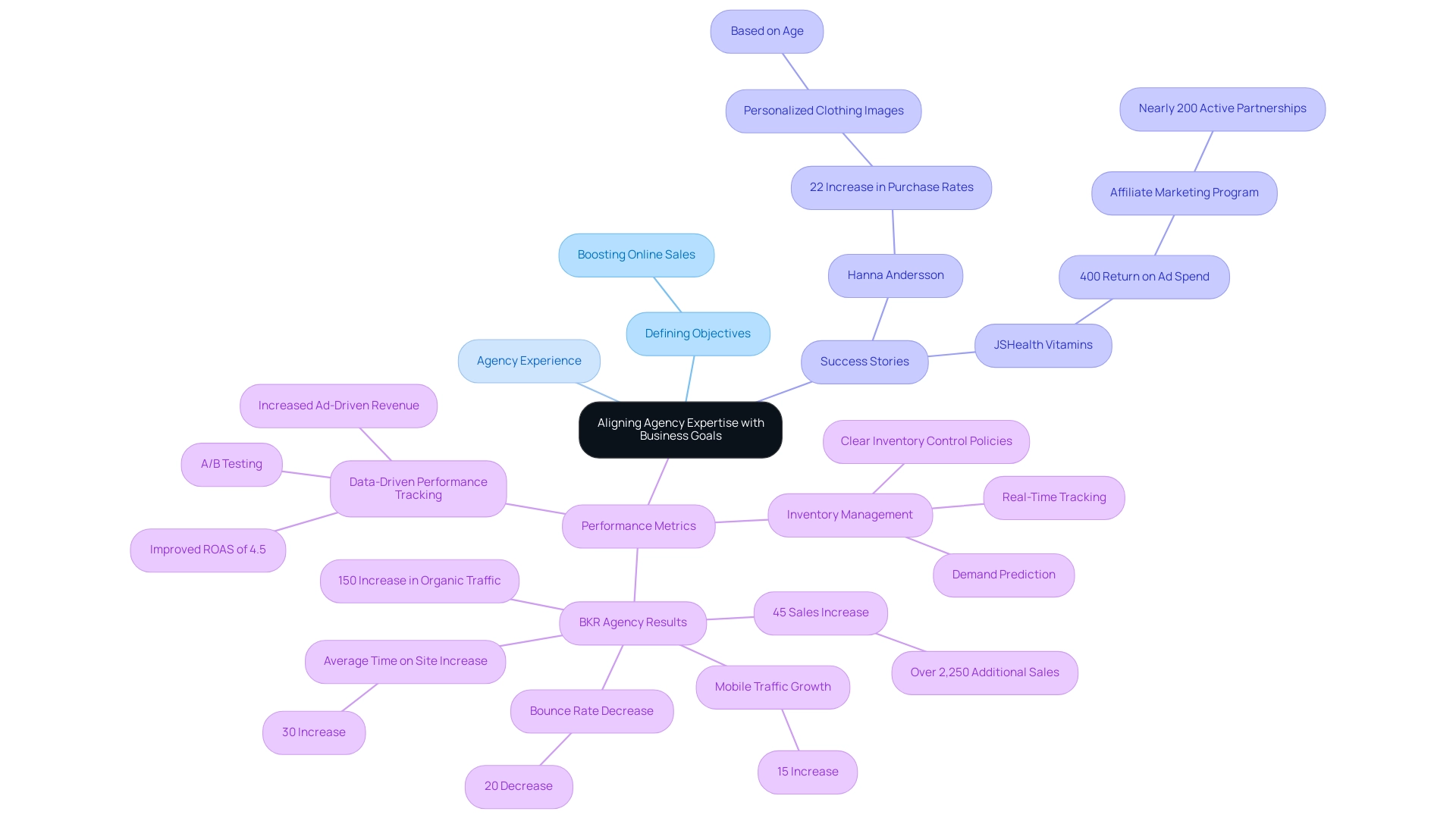 The central node represents the alignment process, with branches for objectives, agency experience, success stories, and performance metrics.