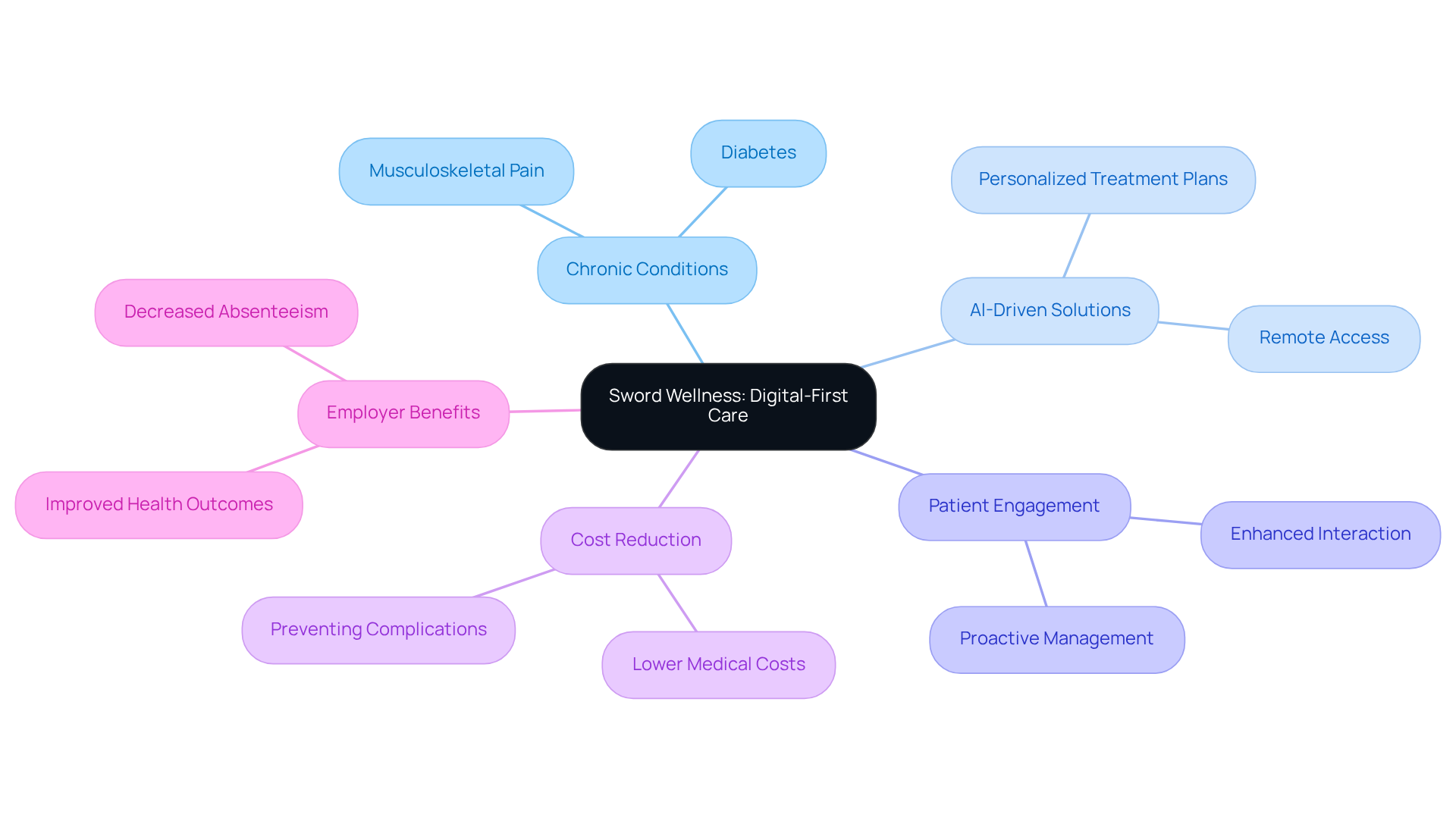The central node represents Sword Wellness, while the branches illustrate the various aspects of their approach to chronic care. Each color-coded branch highlights a different focus area, making it easy to see how they connect.