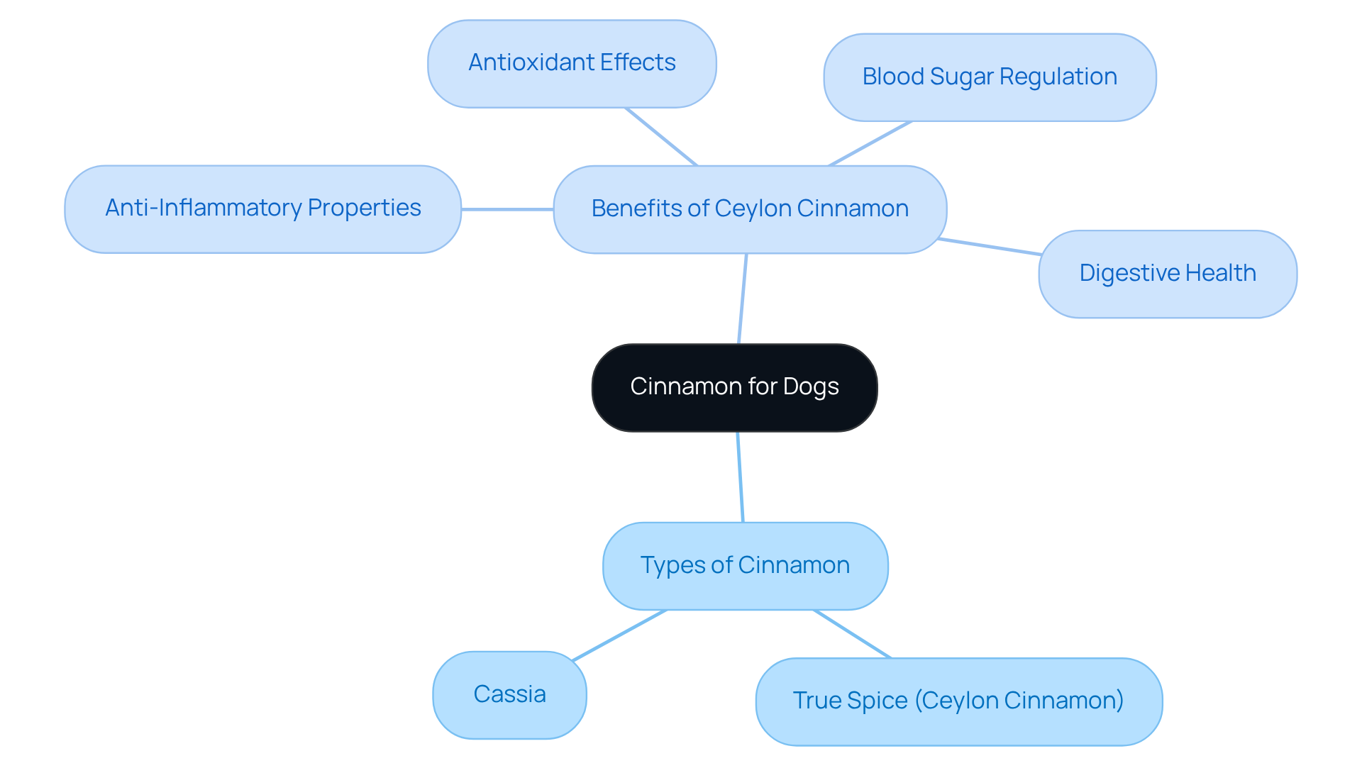 At the center is the main topic of cinnamon for dogs. The branches show different types of cinnamon and the specific benefits of Ceylon cinnamon. Each color-coded section helps you navigate through the information easily.
