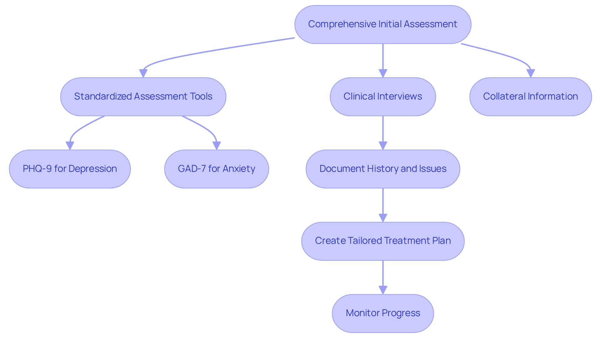 This flowchart shows the steps involved in conducting initial assessments. Start at the top with the main assessment goal, then follow the arrows to see how each component contributes to the process.