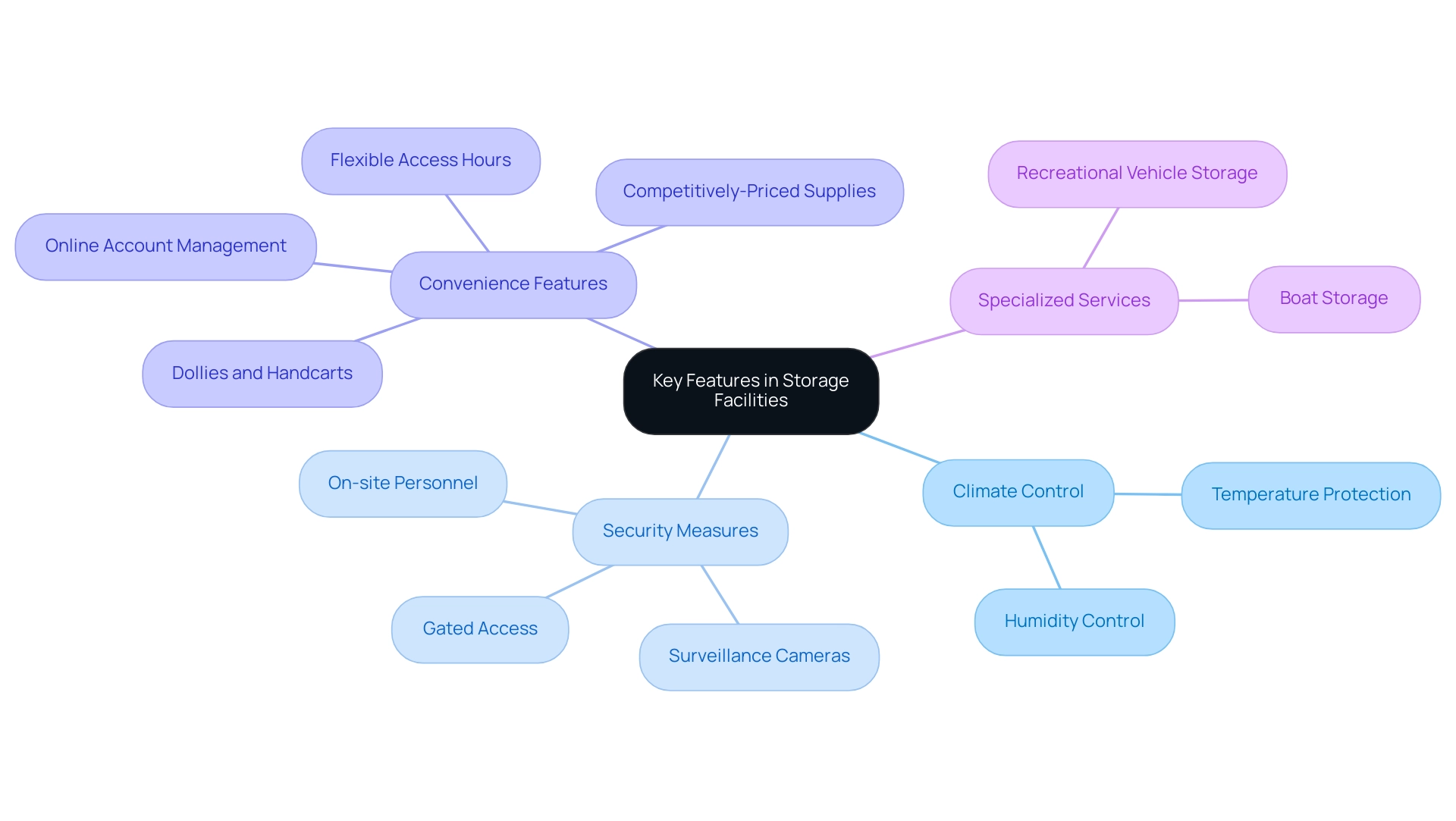 The central node represents the overall concept of storage features, with branches indicating main categories and sub-branches detailing specific elements within each category.