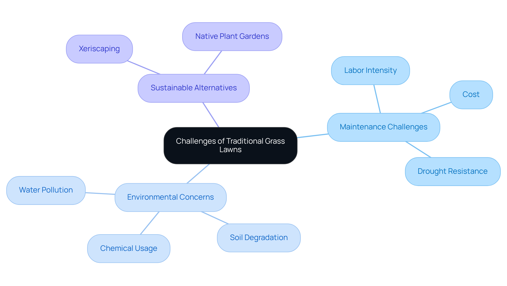 The central node represents the main topic, while the branches show the various challenges and solutions related to traditional grass lawns. Each color-coded branch helps you easily identify different aspects of the discussion.