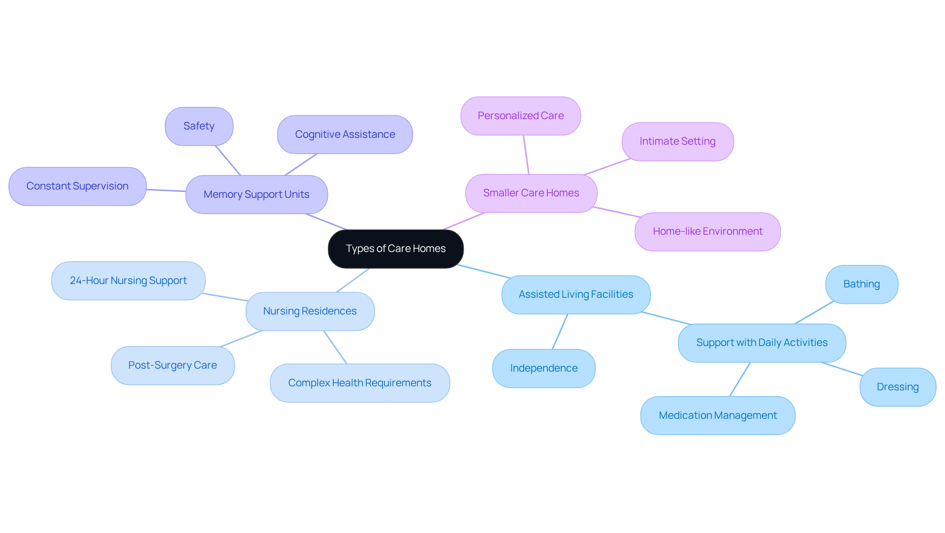 The central node represents the overall topic of care homes, while each branch leads to specific categories, explaining their unique characteristics and the types of assistance they provide.