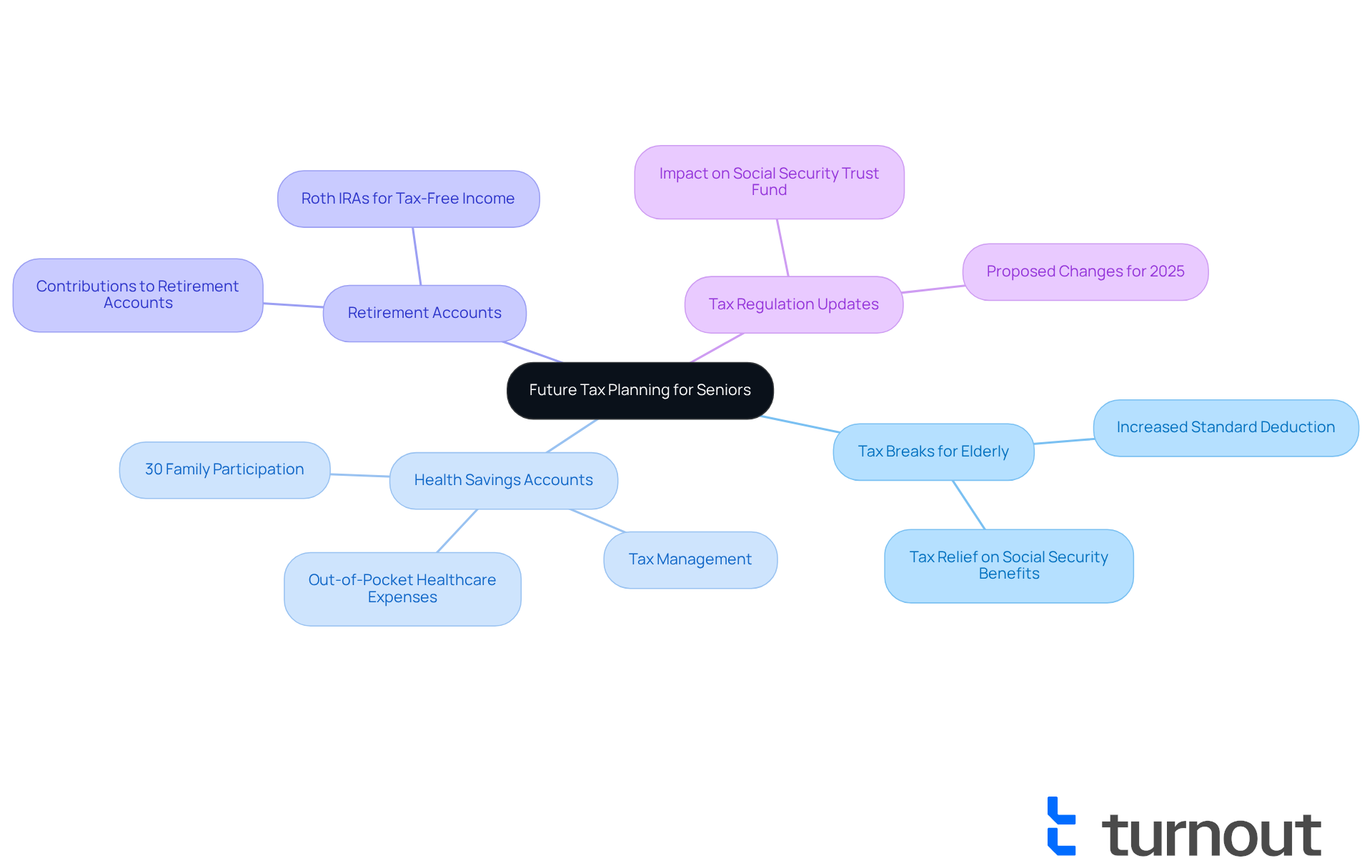The center node represents the main theme of tax planning for seniors, while branches detail specific strategies and benefits. Each color-coded branch highlights a different area of focus, helping you see how they relate to improving financial security. The center node represents the main theme of tax planning for seniors, while branches detail specific strategies and benefits. Each color-coded branch highlights a different area of focus, helping you see how they relate to improving financial security.