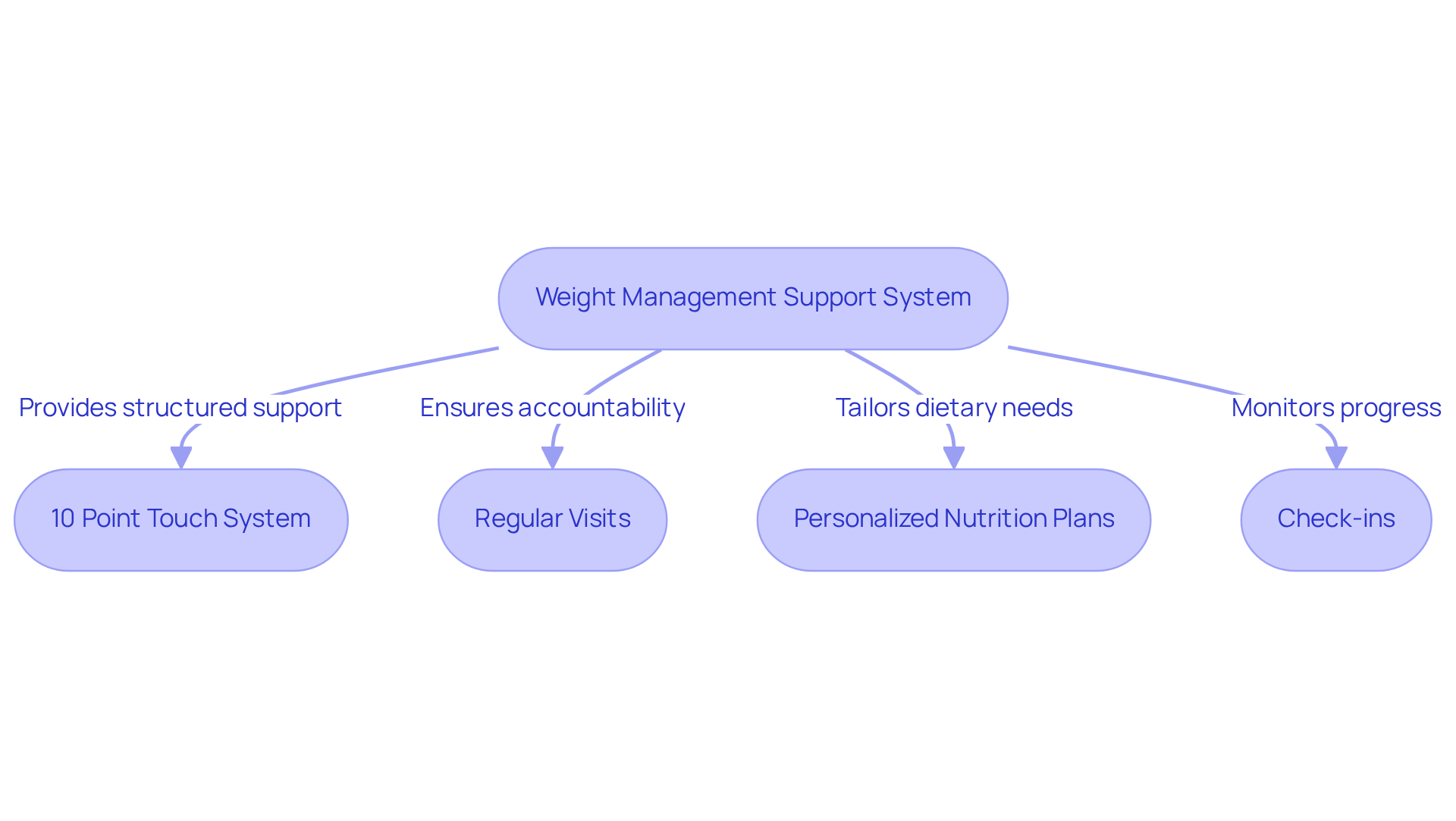 This flowchart shows how different parts of our support system work together to help you manage your weight. Each box represents a key component, and the arrows show how they connect to support your journey.