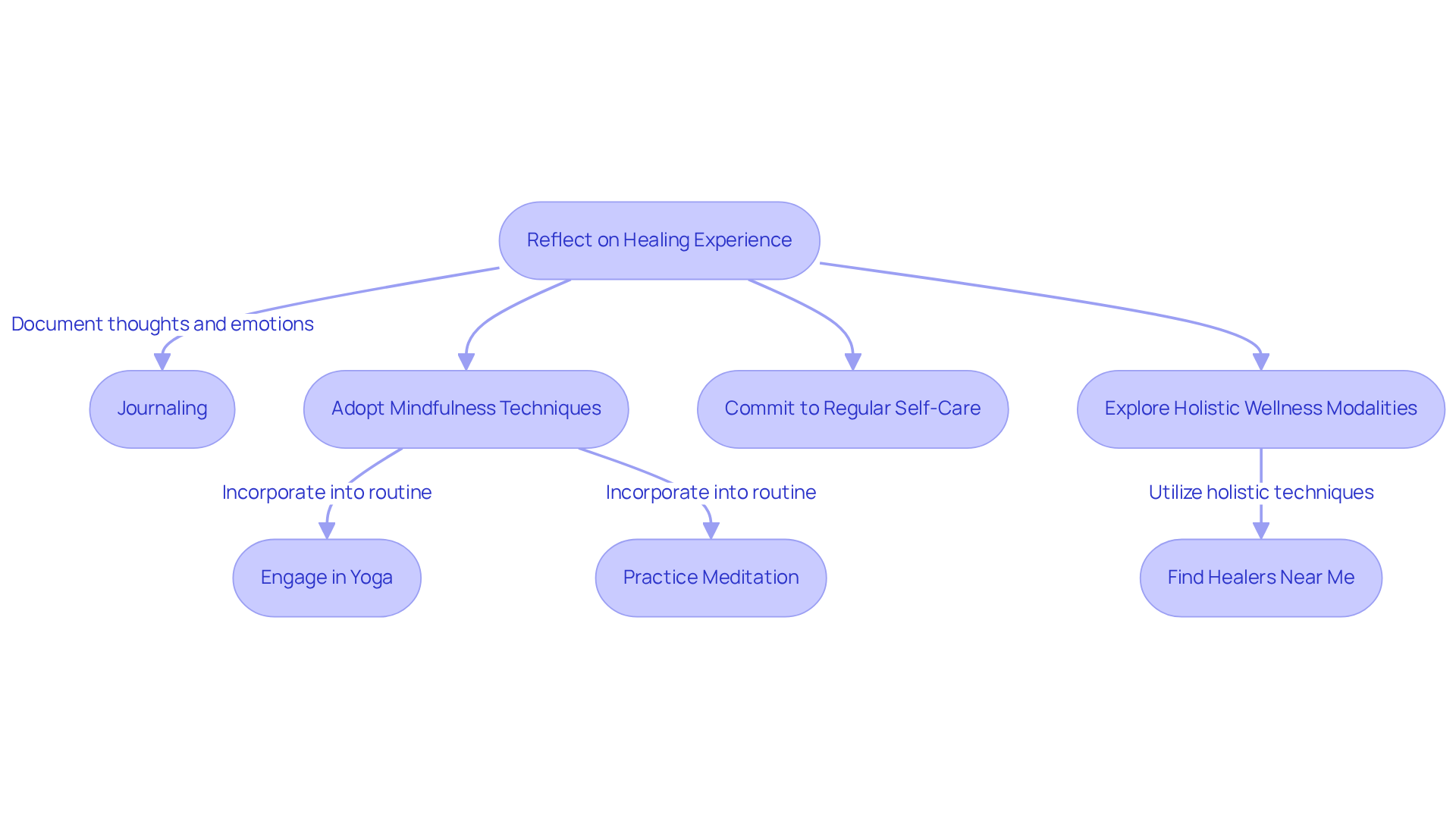 Follow the flow from reflecting on your healing experience to adopting new practices. Each box represents a step you can take to enhance your emotional well-being and integrate your insights.