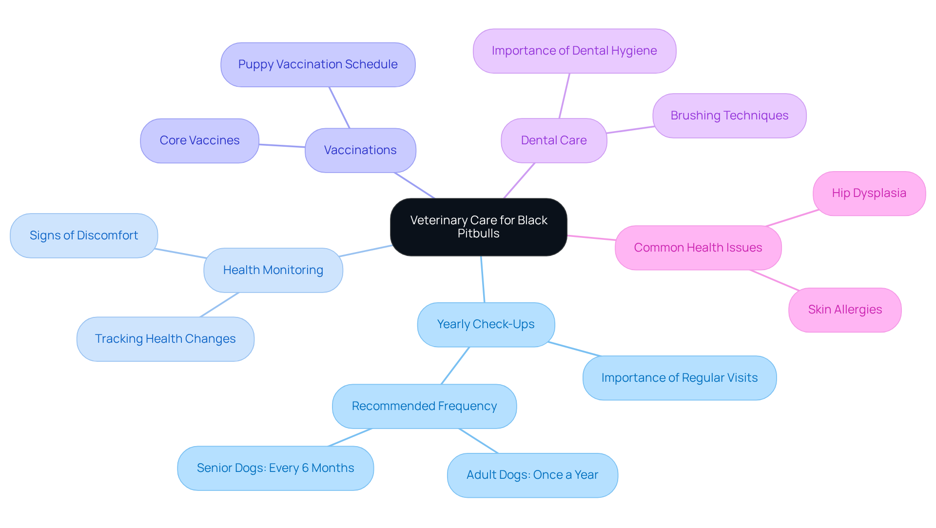 The central idea is veterinary care, with branches representing key components. Each branch highlights important aspects of care, making it clear how to ensure a healthy and happy life for your pitbull.