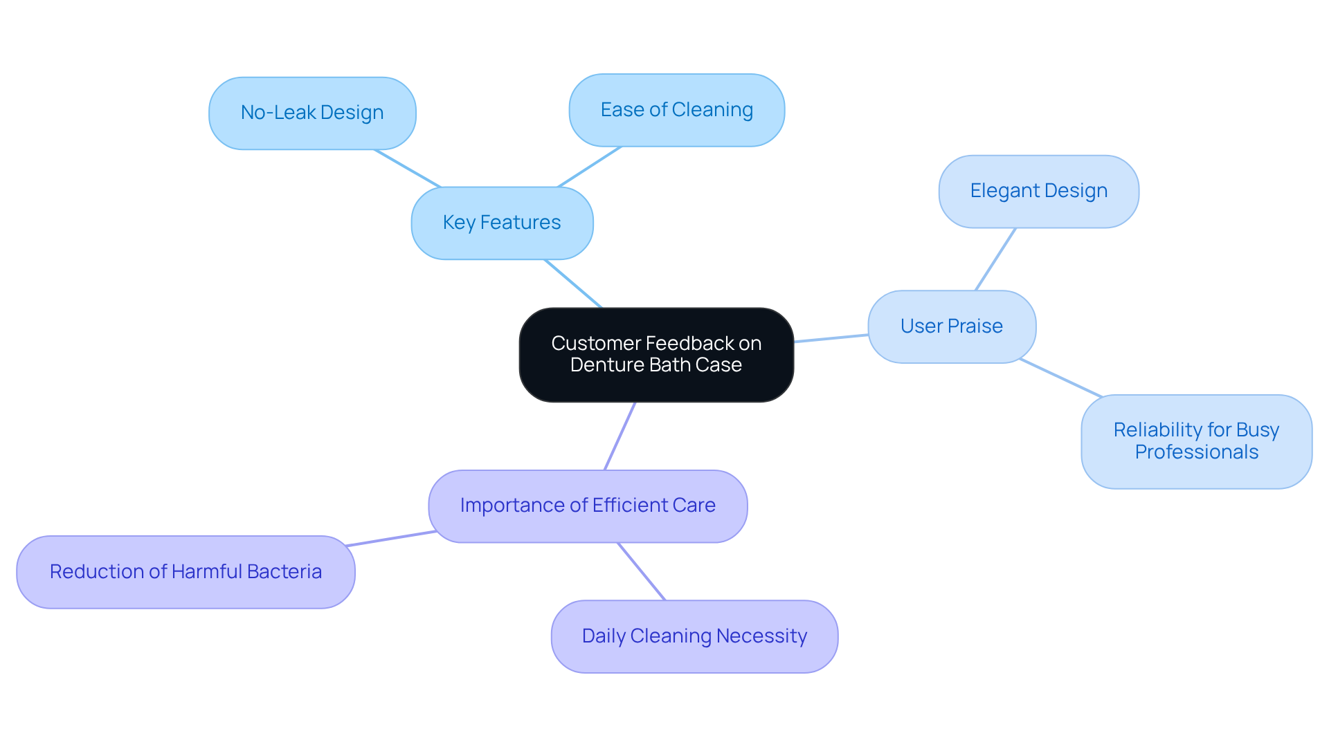 This mindmap illustrates customer feedback on the denture bath case. The center represents overall feedback, while the branches show important features, user opinions, and the significance of the product for individuals who use dentures.
