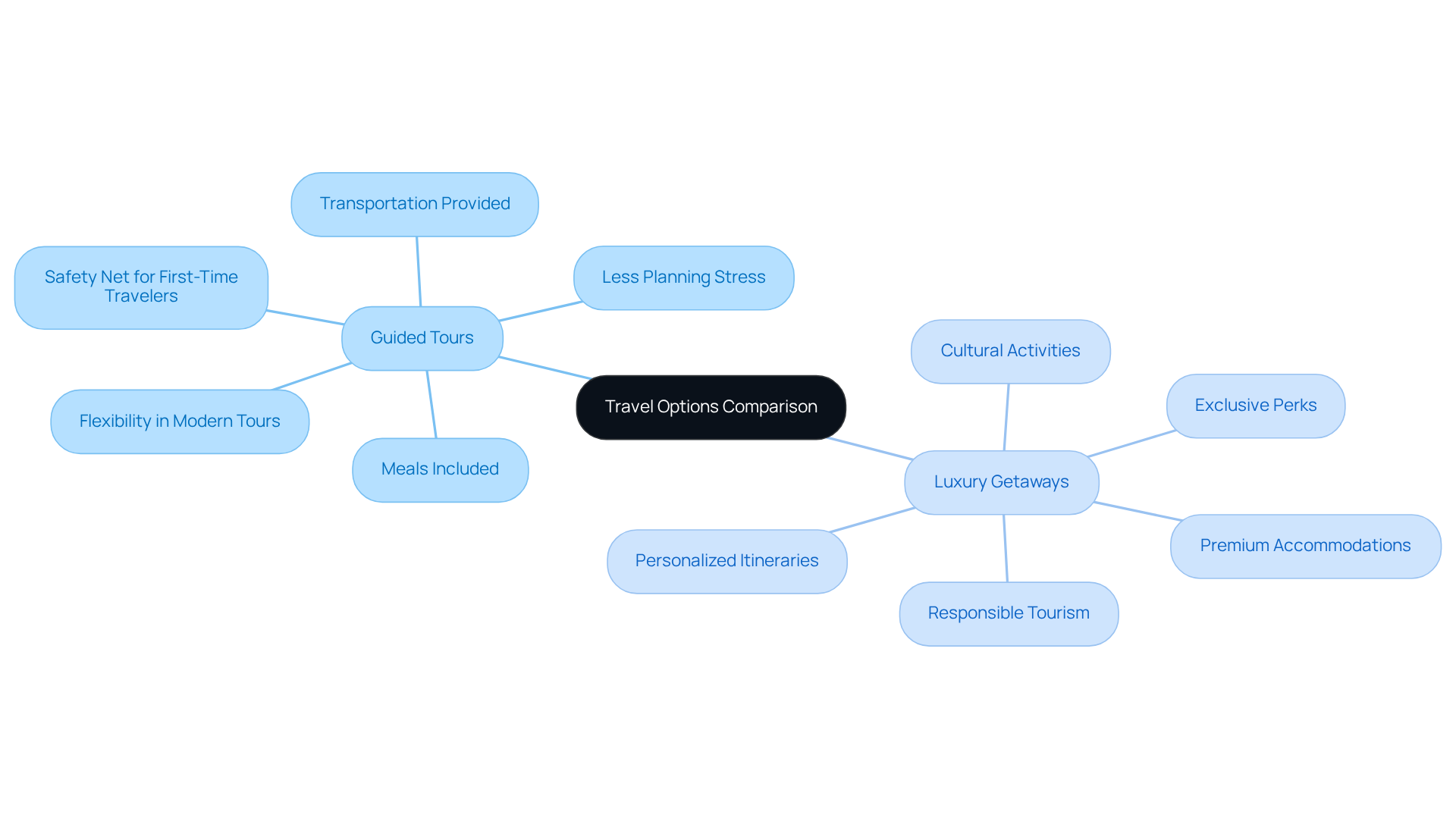 The central node represents the overall comparison, while the branches show the specific features and benefits of each travel option. Explore the branches to see what each package offers!