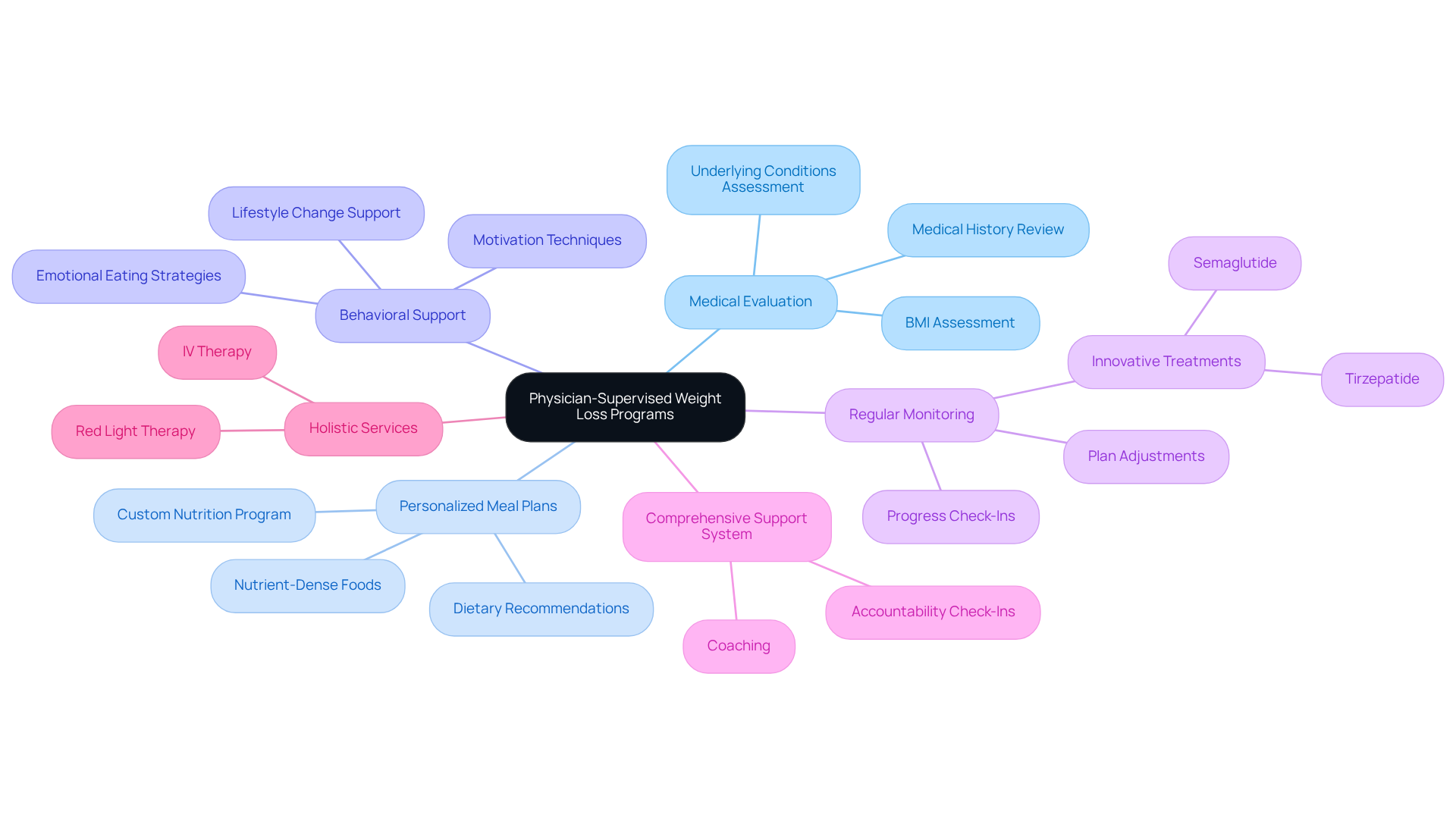 The central node represents the main theme of the programs, while each branch shows a key component of the program. Sub-branches provide more details about each component, helping you understand how they all work together to support your weight loss journey.
