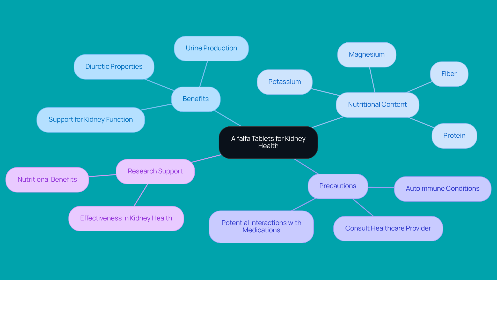 The central node represents alfalfa tablets, while the branches show their benefits, nutritional content, and important precautions. Each color-coded branch helps you quickly identify different aspects of how alfalfa can support kidney health. The central node represents alfalfa tablets, while the branches show their benefits, nutritional content, and important precautions. Each color-coded branch helps you quickly identify different aspects of how alfalfa can support kidney health.