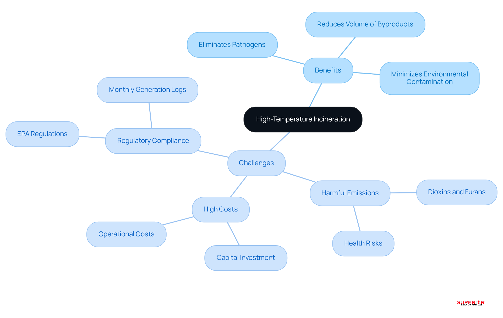 The central node represents the main topic, while the branches show the key benefits and challenges associated with high-temperature incineration. Each sub-branch provides specific details, helping you understand the complexities of this waste disposal method.