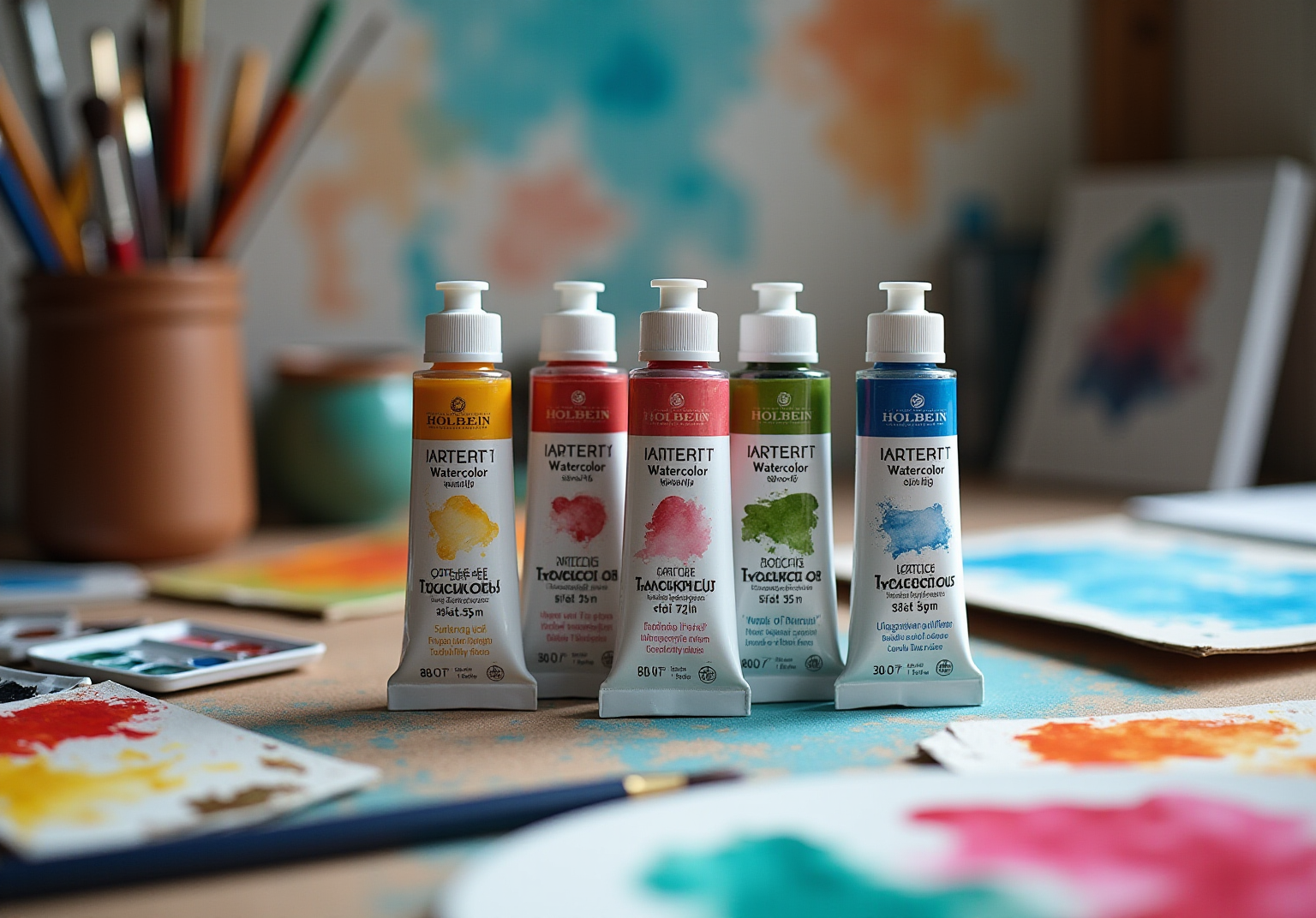 Holbein Artists' Watercolor Tubes in Creative Workspace Holbein Artists' Watercolor Tubes in Creative Workspace