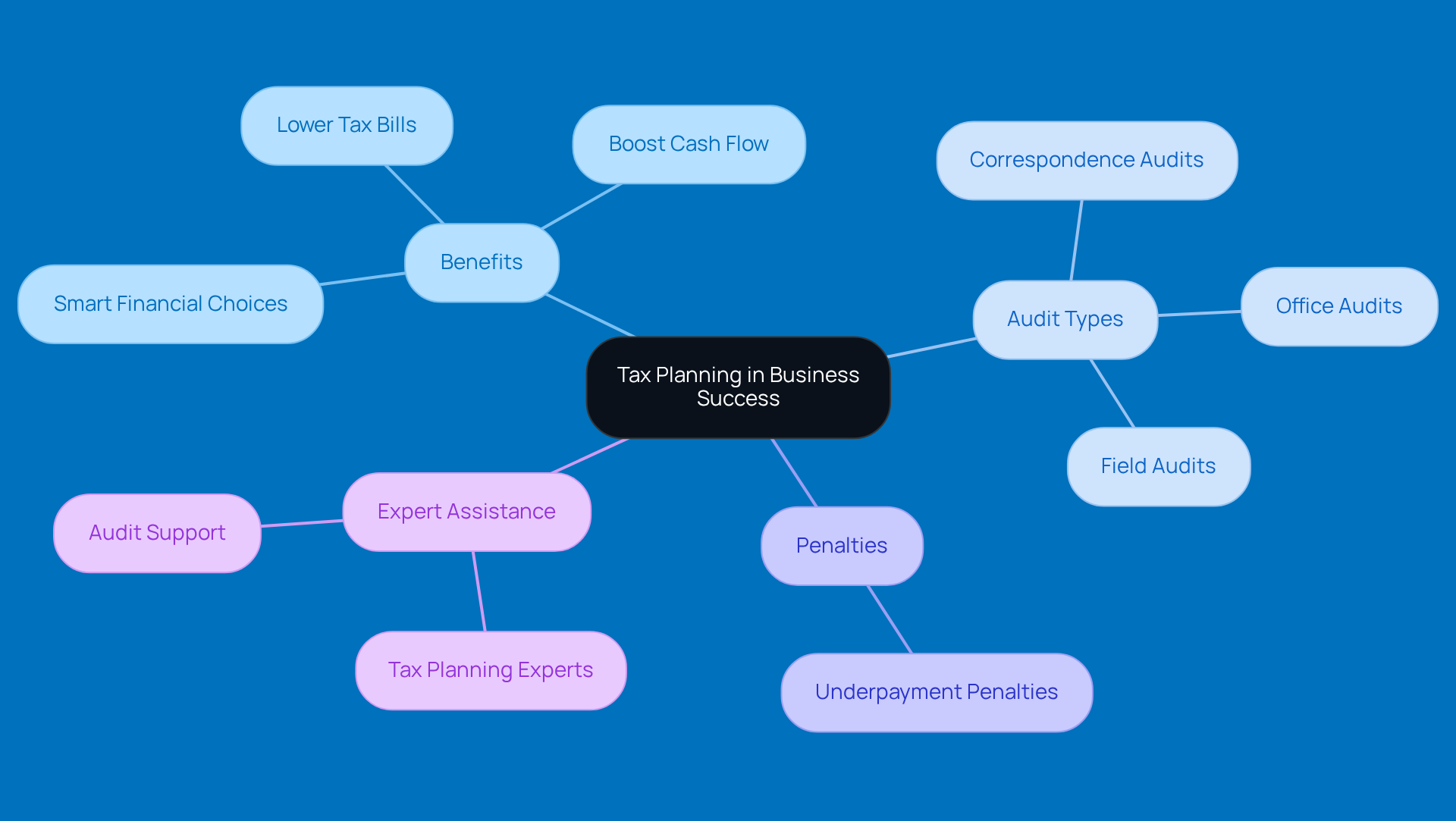 The central node represents the importance of tax planning, while branches show the benefits and challenges small businesses face. Each sub-branch provides specific details, helping you see how everything connects.