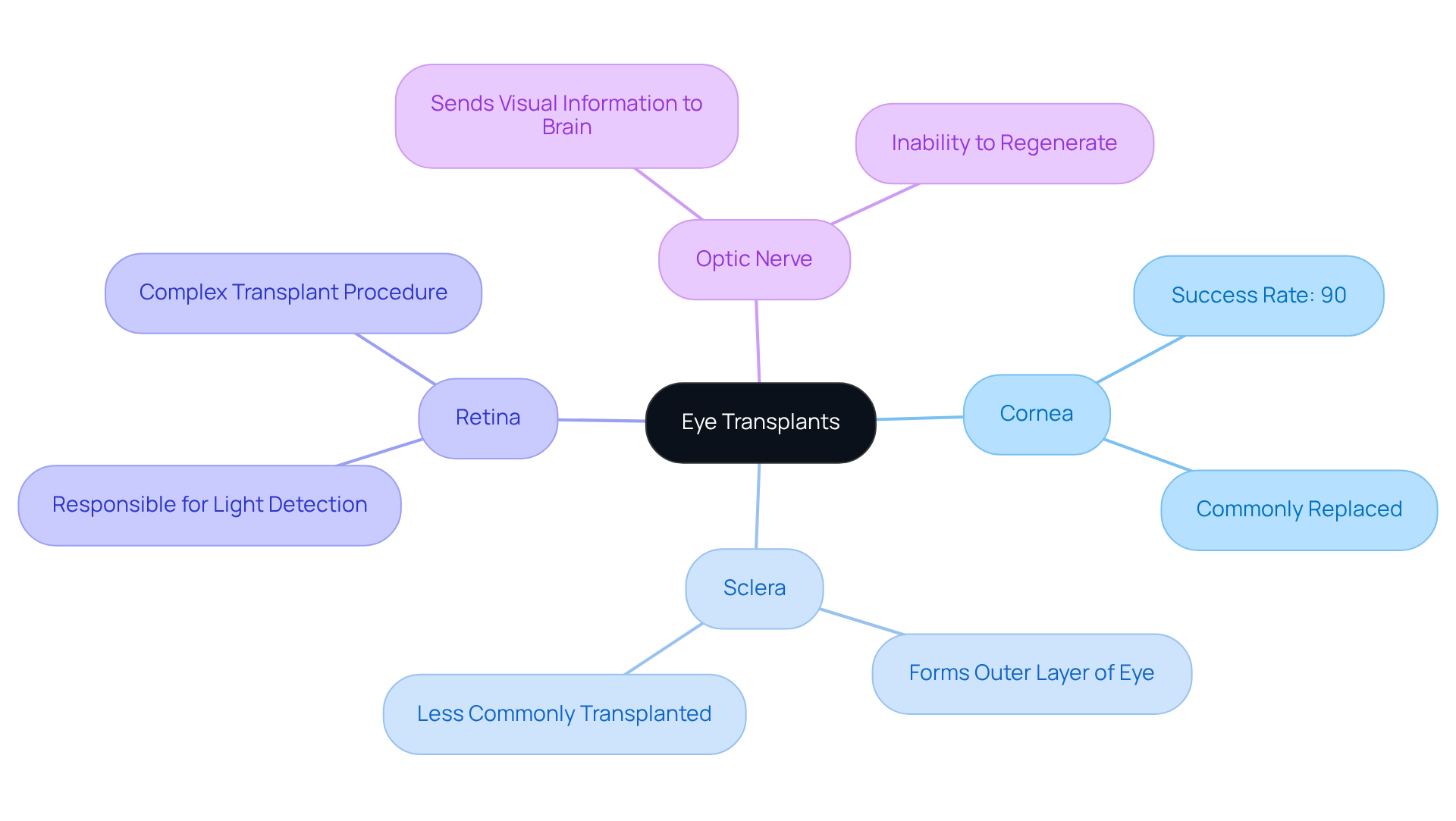 The central node represents eye transplants, with branches showing different tissues that can be transplanted. Each branch provides insights into the tissue's role and success rates, helping you understand the options available for vision restoration.