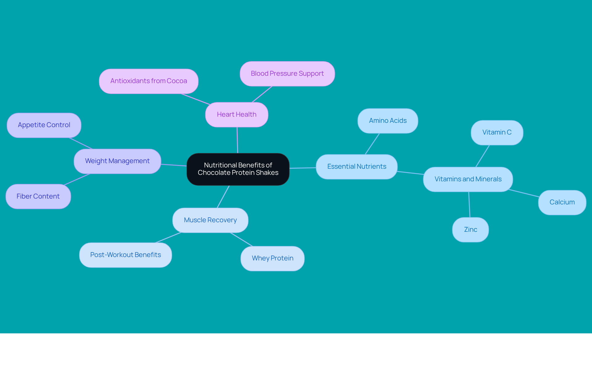 The central node represents the overall theme, while the branches show different benefits. Each sub-branch provides more detail about how chocolate protein shakes can support your health.