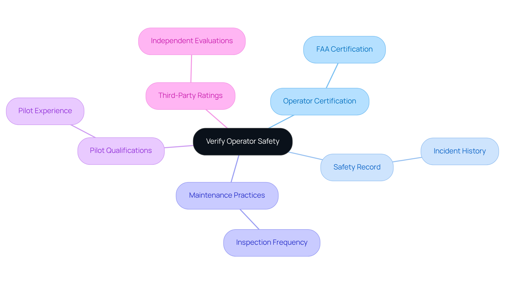 Start at the center with the main topic of operator safety, then explore each branch to see the important questions and checks you should consider for a safe charter flight.