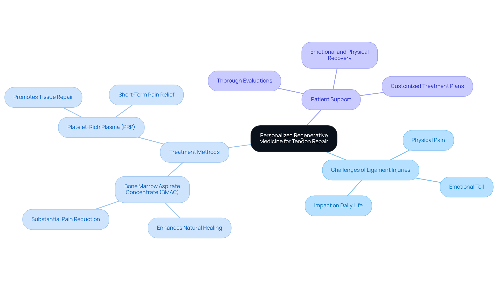 The center represents the main focus on personalized medicine, with branches showing the challenges faced by patients, the specific treatments offered, and the support provided throughout recovery.