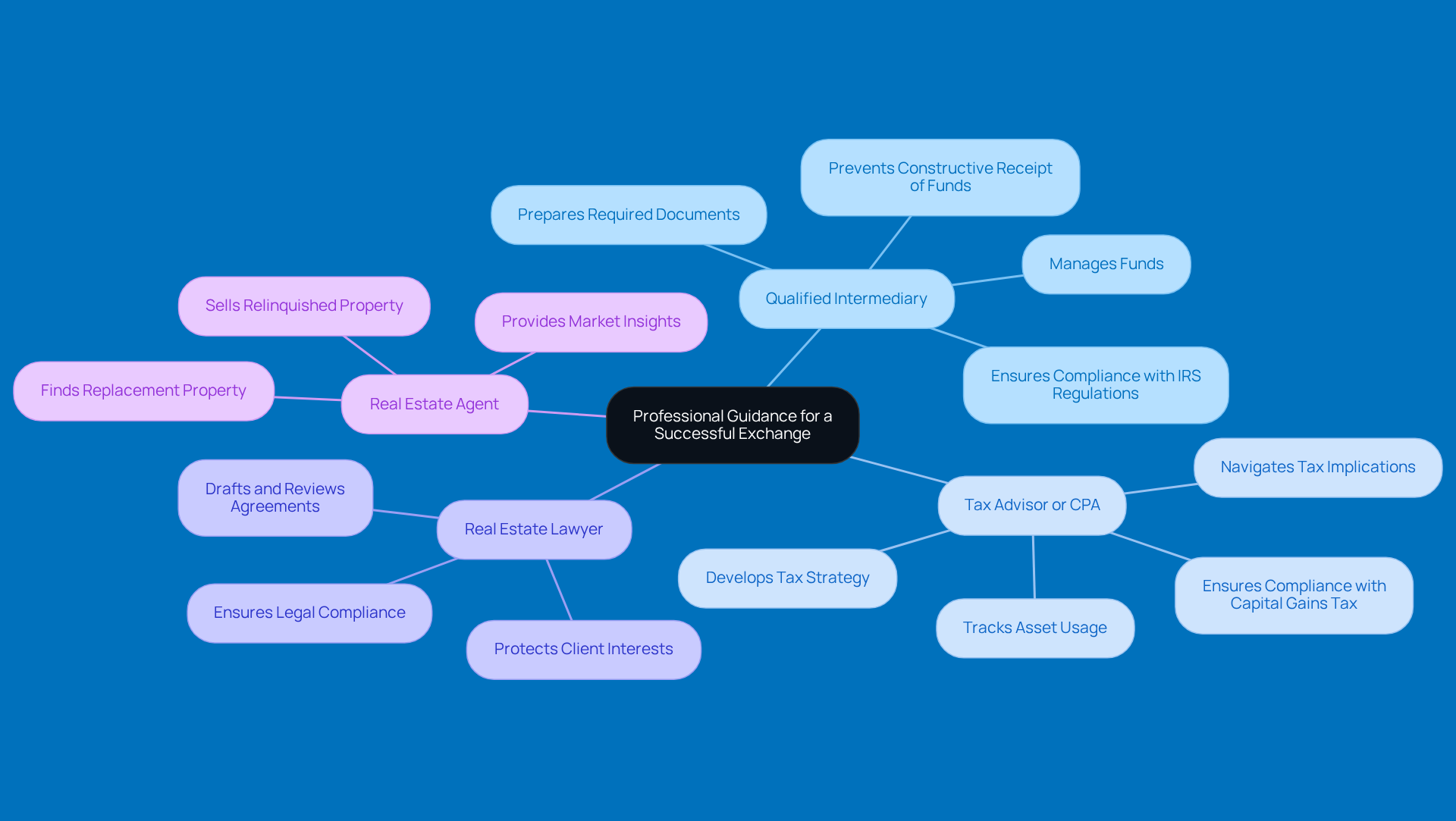 The center represents the importance of professional guidance, while each branch shows a key player in the process. Follow the branches to understand how each professional helps ensure a smooth and successful exchange.