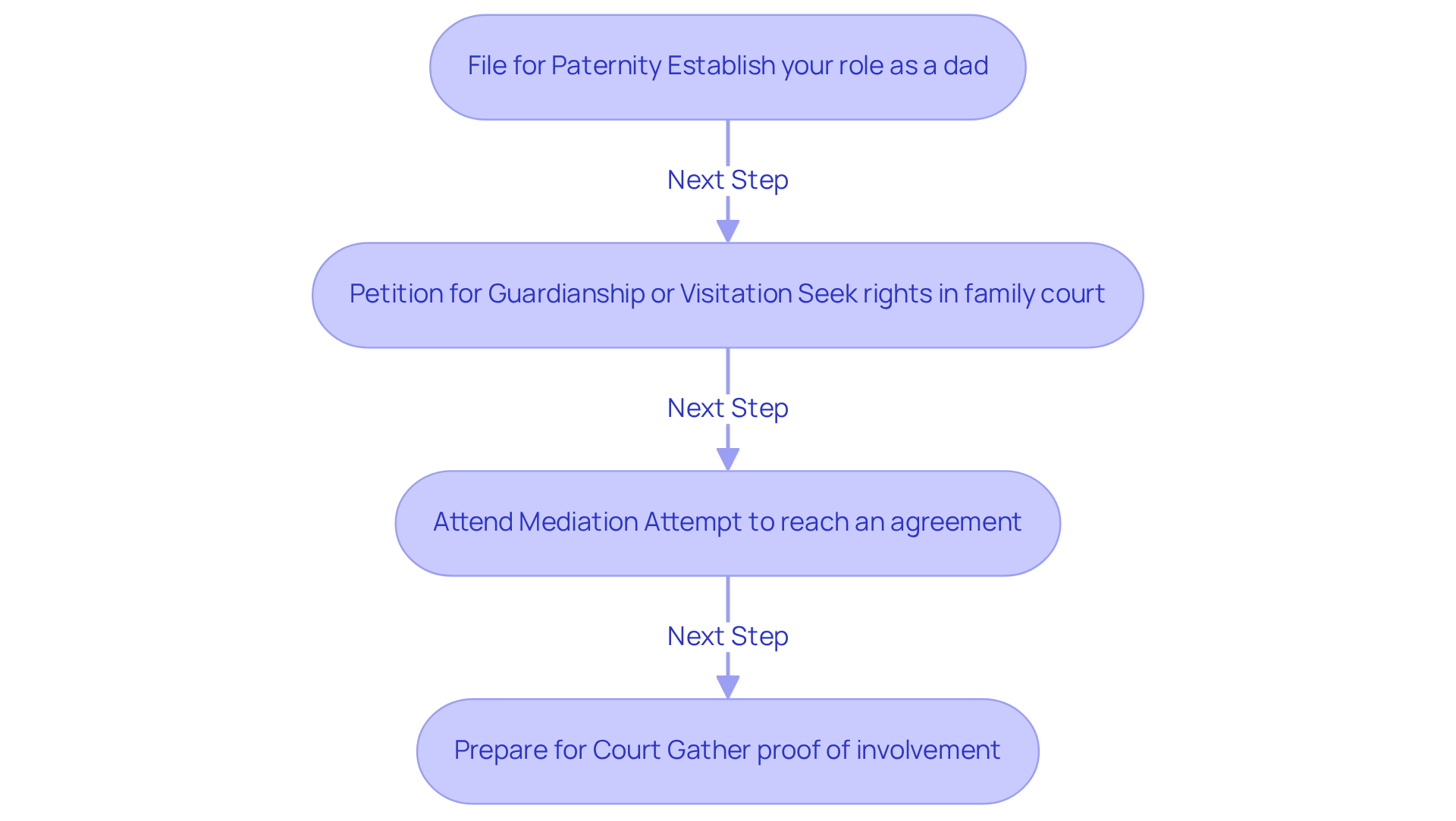 This flowchart outlines the essential steps fathers should take to protect their rights. Follow the arrows from one step to the next to see how to navigate the legal process effectively.