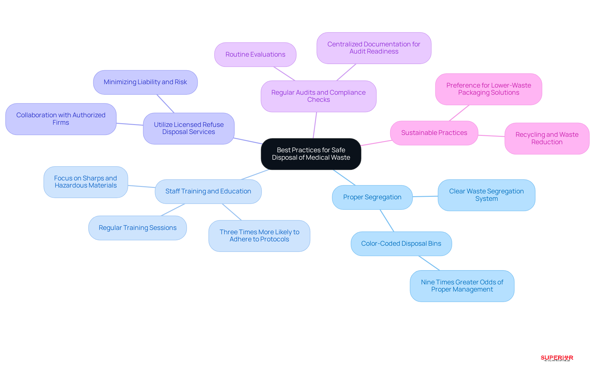 The center represents the overall goal of safe disposal, while the branches show different practices. Each sub-branch provides additional details or statistics that support the main practice, making it easy to understand the importance of each step. The center represents the overall goal of safe disposal, while the branches show different practices. Each sub-branch provides additional details or statistics that support the main practice, making it easy to understand the importance of each step.