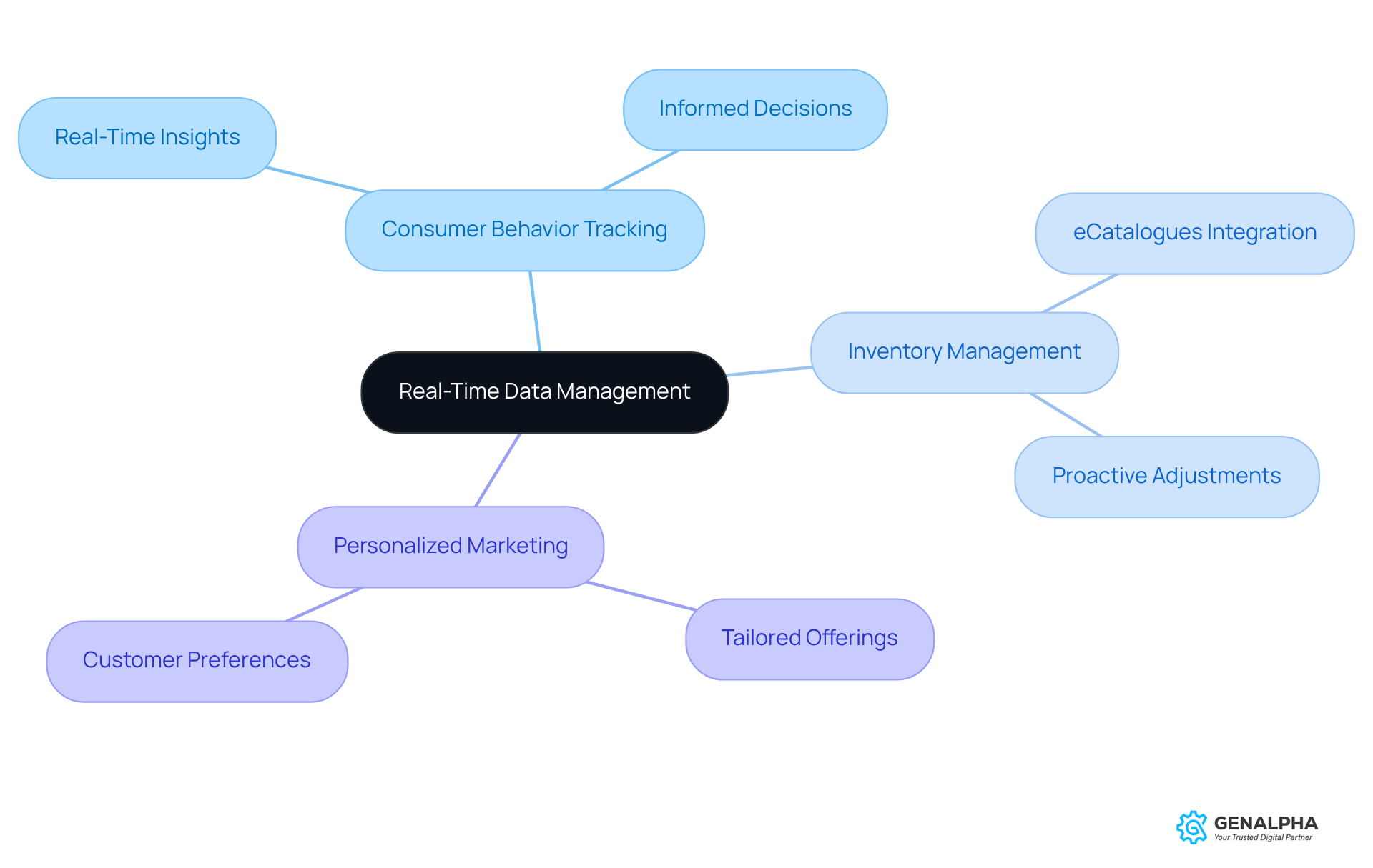 This mindmap shows how real-time data management can enhance decision-making in B2B equipment production. Start at the center with the main idea, then explore the branches that represent different benefits and applications, like tracking consumer behavior and managing inventory effectively.