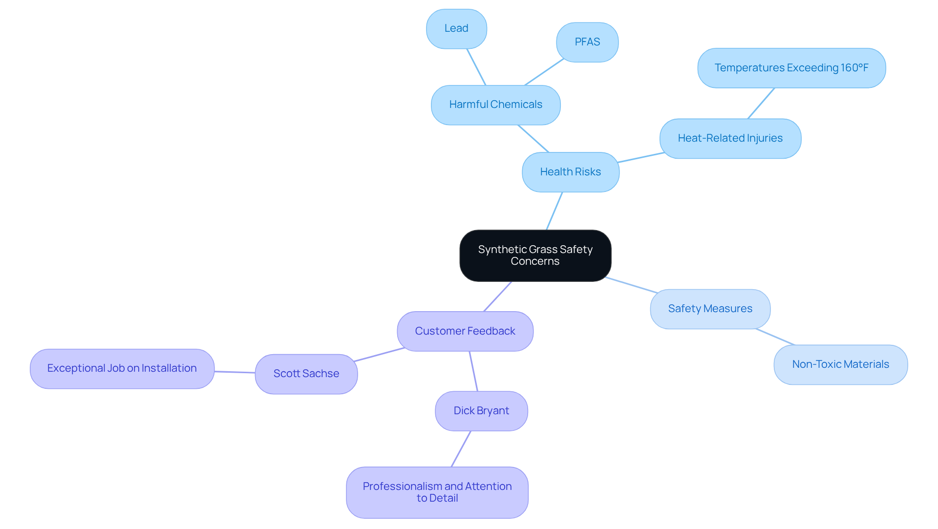 The central node represents the overall topic, while the branches show different aspects of synthetic grass safety. Each color-coded branch helps you easily identify health risks, safety measures, and what customers are saying.