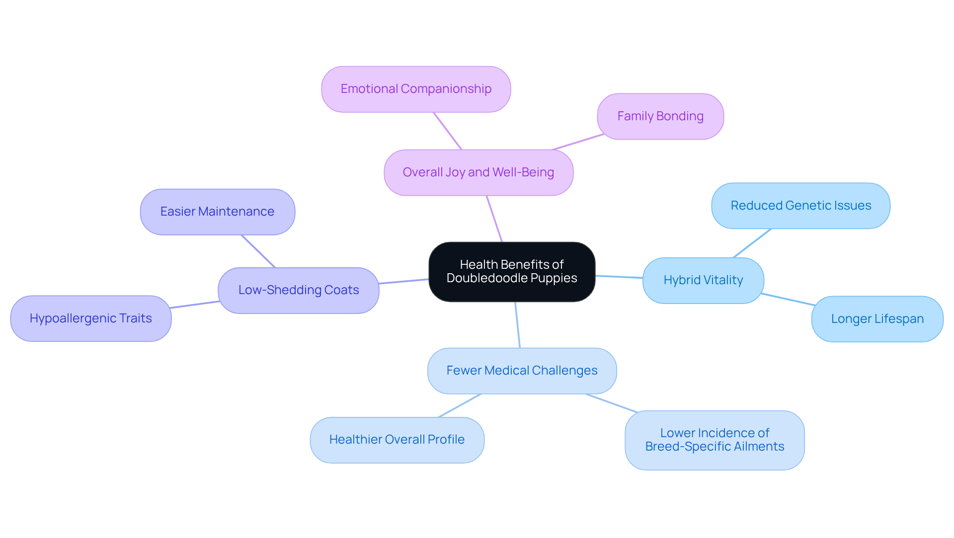 The central node represents the main topic, while the branches illustrate the various health benefits. Each color-coded branch highlights a specific advantage, making it easy to understand why Doubledoodle puppies are a great choice for families.