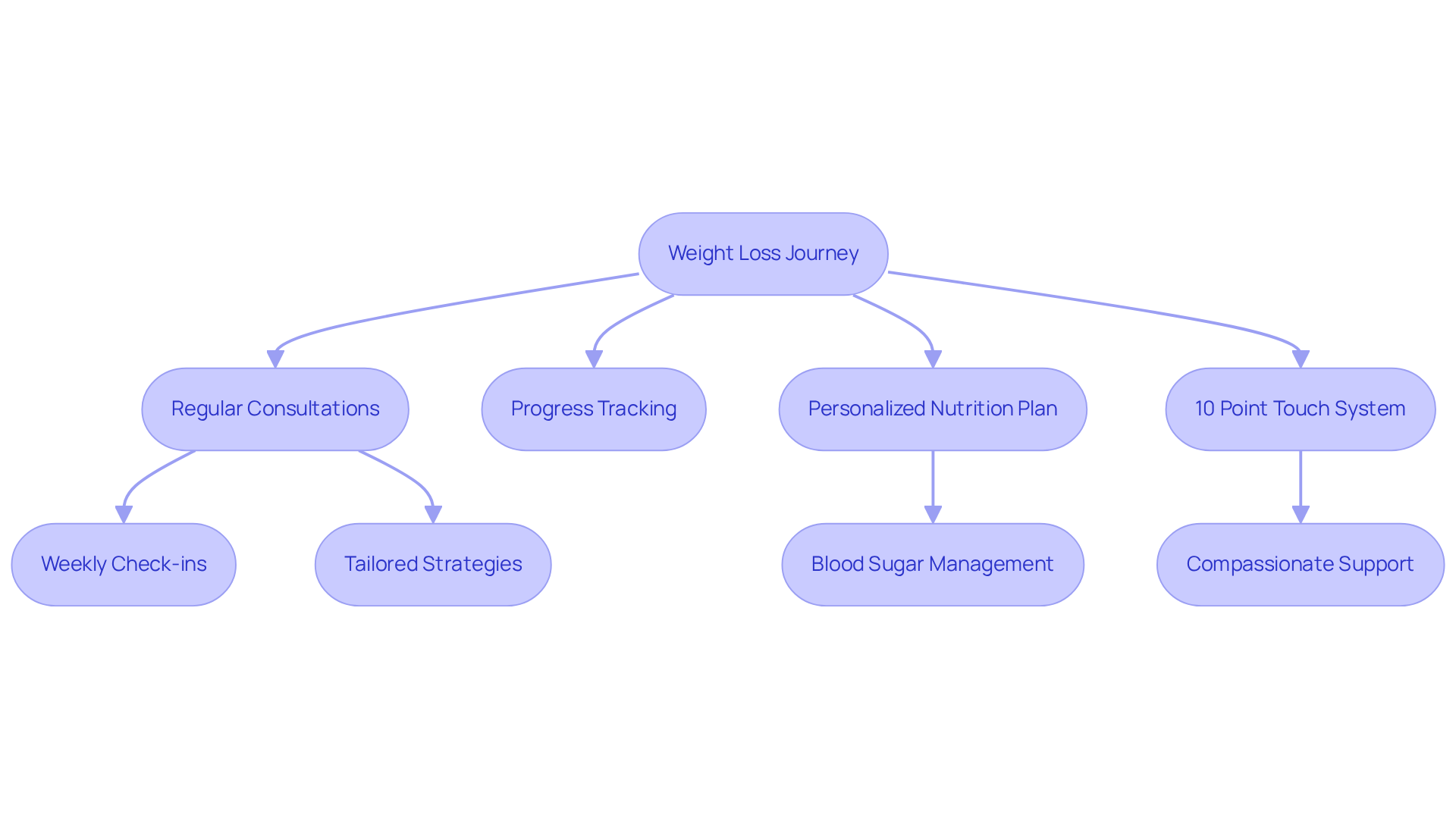 This flowchart illustrates the steps and support you will receive on your weight loss journey. Each box represents a key part of the program, showing how they connect to help you achieve your goals. Follow the arrows to see how each component works together to provide you with the support you need.
