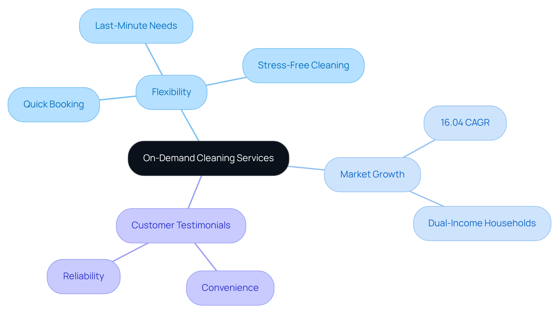 The central node represents the main service, while branches show related aspects like flexibility, market trends, and customer feedback. Each color-coded branch helps you see how these elements connect to the overall theme.