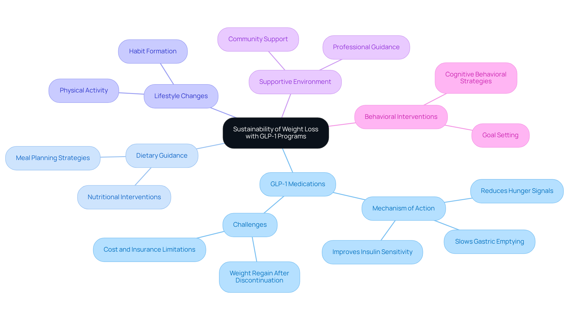 The center represents the main focus on sustainability, while the branches show different components that help maintain weight loss. Each branch highlights important strategies and support systems that contribute to long-term success.