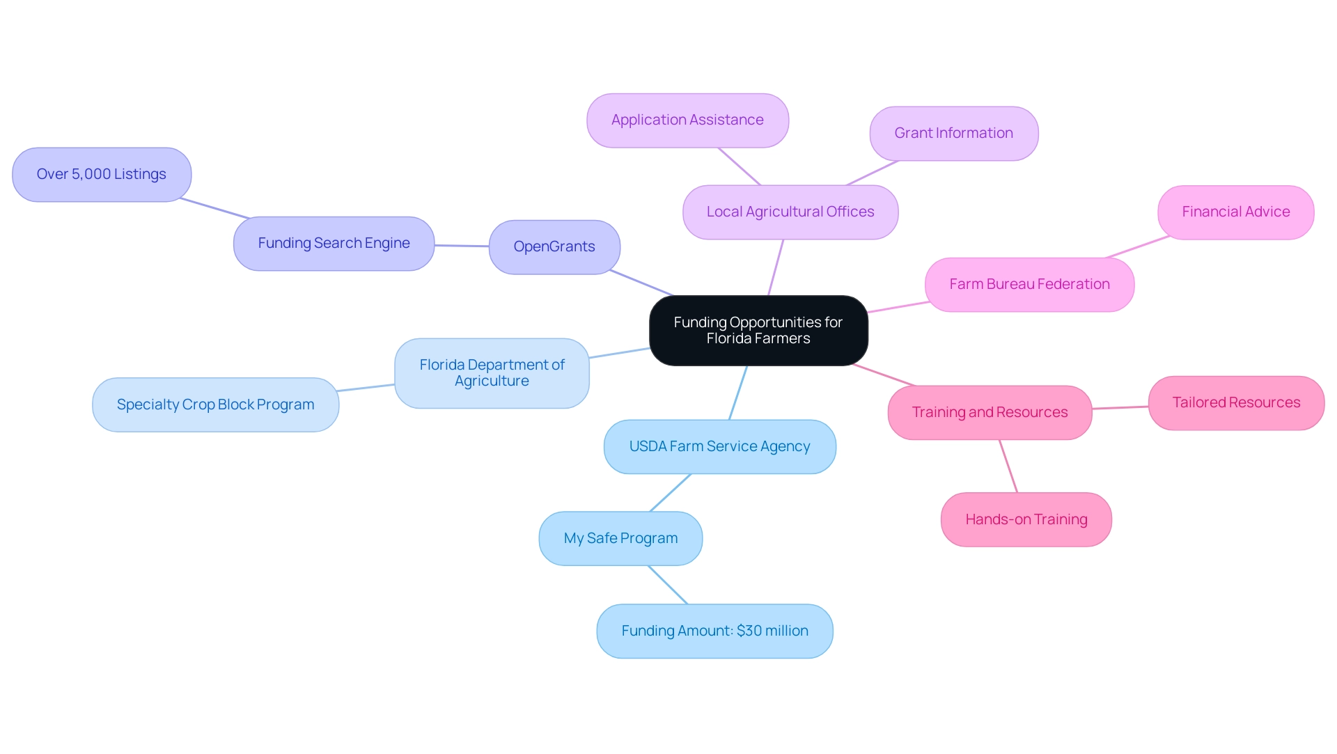 The central node represents the overall theme of funding opportunities, with branches for each major funding source and their respective subcategories. The central node represents the overall theme of funding opportunities, with branches for each major funding source and their respective subcategories.