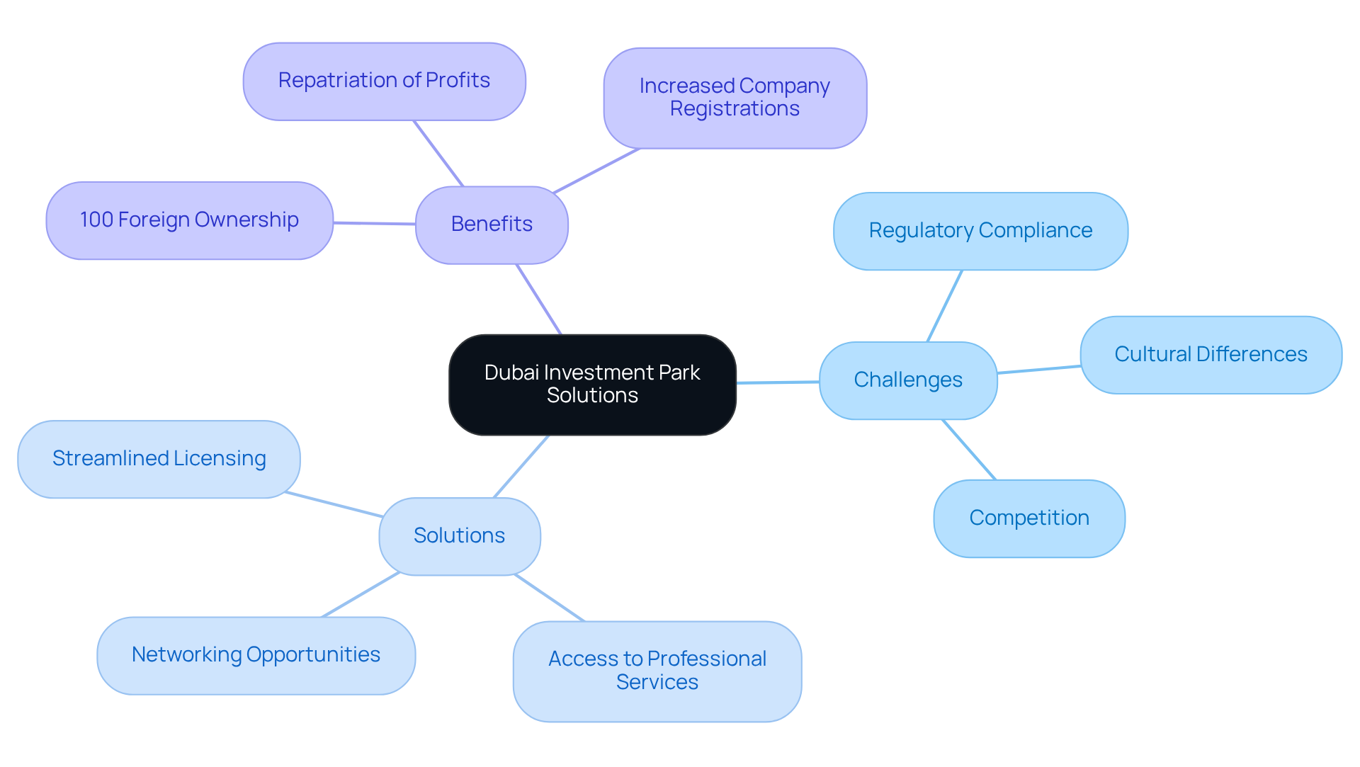 The central node represents the Dubai Investment Park as a solution hub. The branches show the challenges faced by multinational corporations and how DIP addresses them, along with the benefits of utilizing its resources.