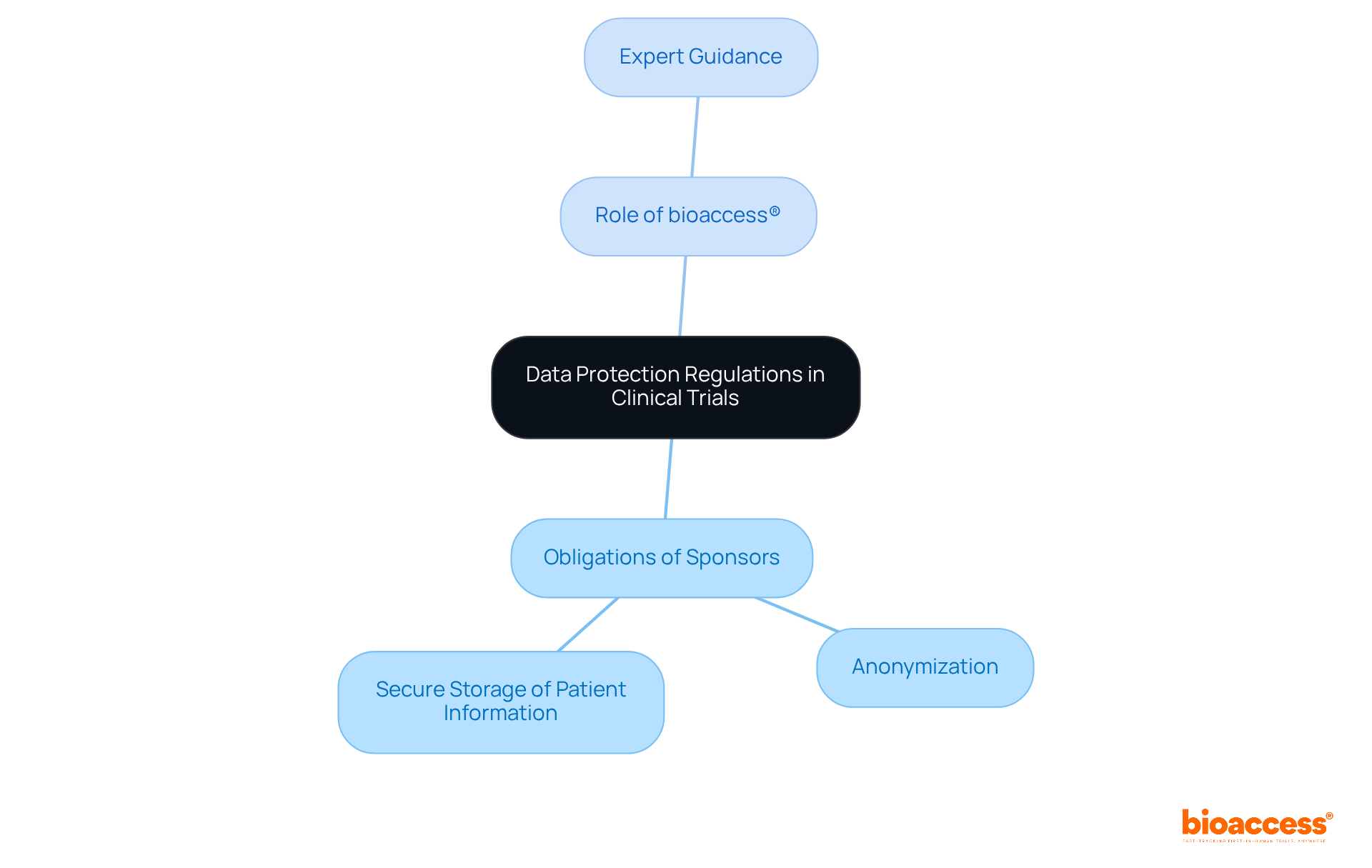 The central node represents the main topic of data protection regulations, while the branches illustrate the specific obligations of sponsors and the supportive role of bioaccess®. Each branch helps clarify how these elements connect to the overarching theme.