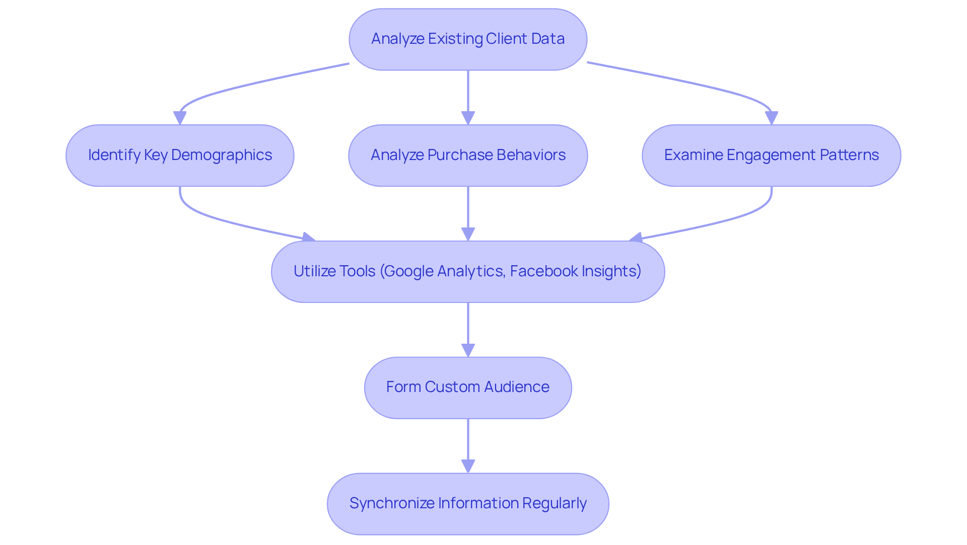 Follow the arrows to see how to create a targeted audience. Each box represents a step in the process, from analyzing data to forming and maintaining your custom audience. Follow the arrows to see how to create a targeted audience. Each box represents a step in the process, from analyzing data to forming and maintaining your custom audience.