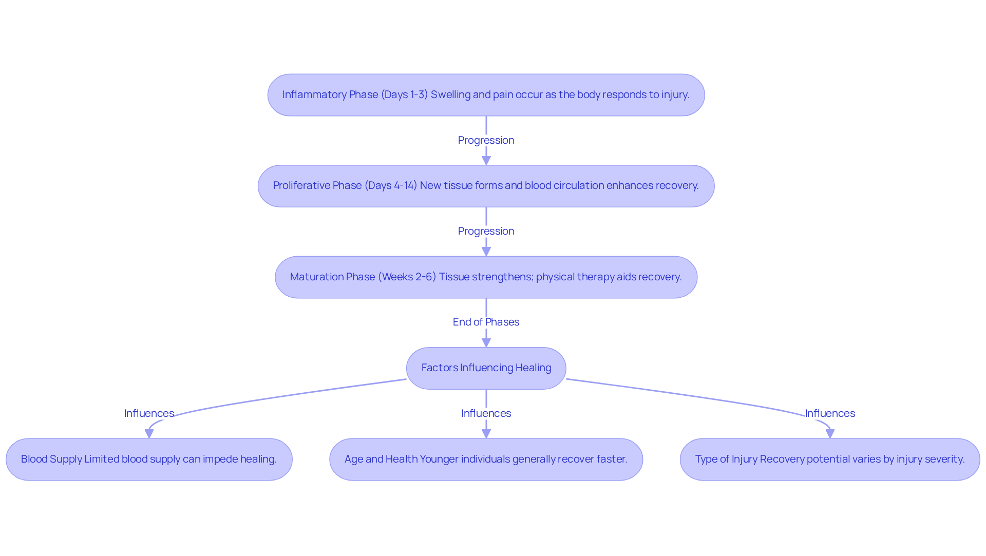 This flowchart illustrates the stages of healing after a meniscus tear. Each box represents a phase of recovery, and the arrows show how you move from one phase to the next. The factors below highlight what can affect your healing journey. This flowchart illustrates the stages of healing after a meniscus tear. Each box represents a phase of recovery, and the arrows show how you move from one phase to the next. The factors below highlight what can affect your healing journey.