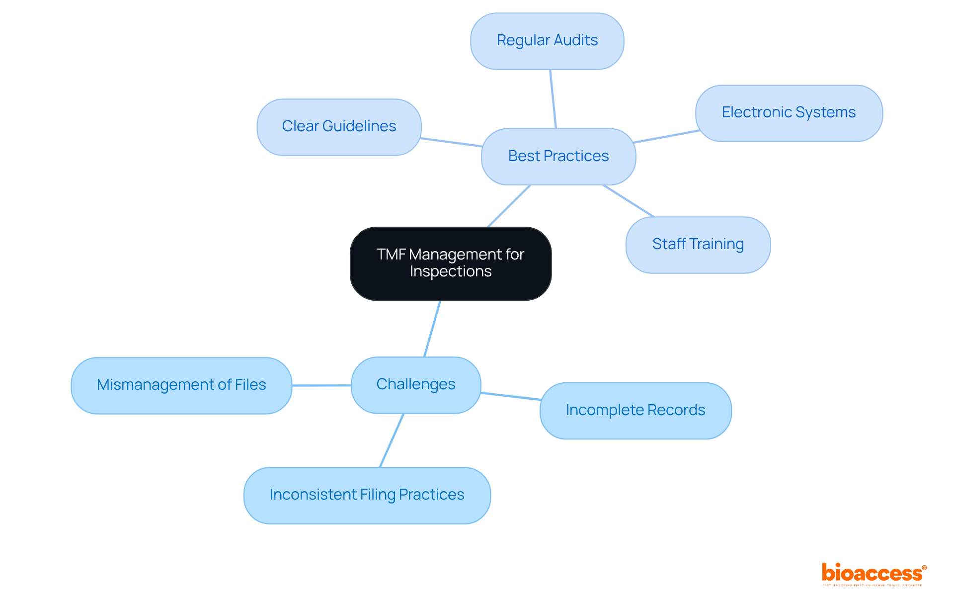 The central node represents the main topic of TMF management. The branches show the challenges faced and the best practices to overcome them. Each color-coded section helps you quickly identify related ideas.