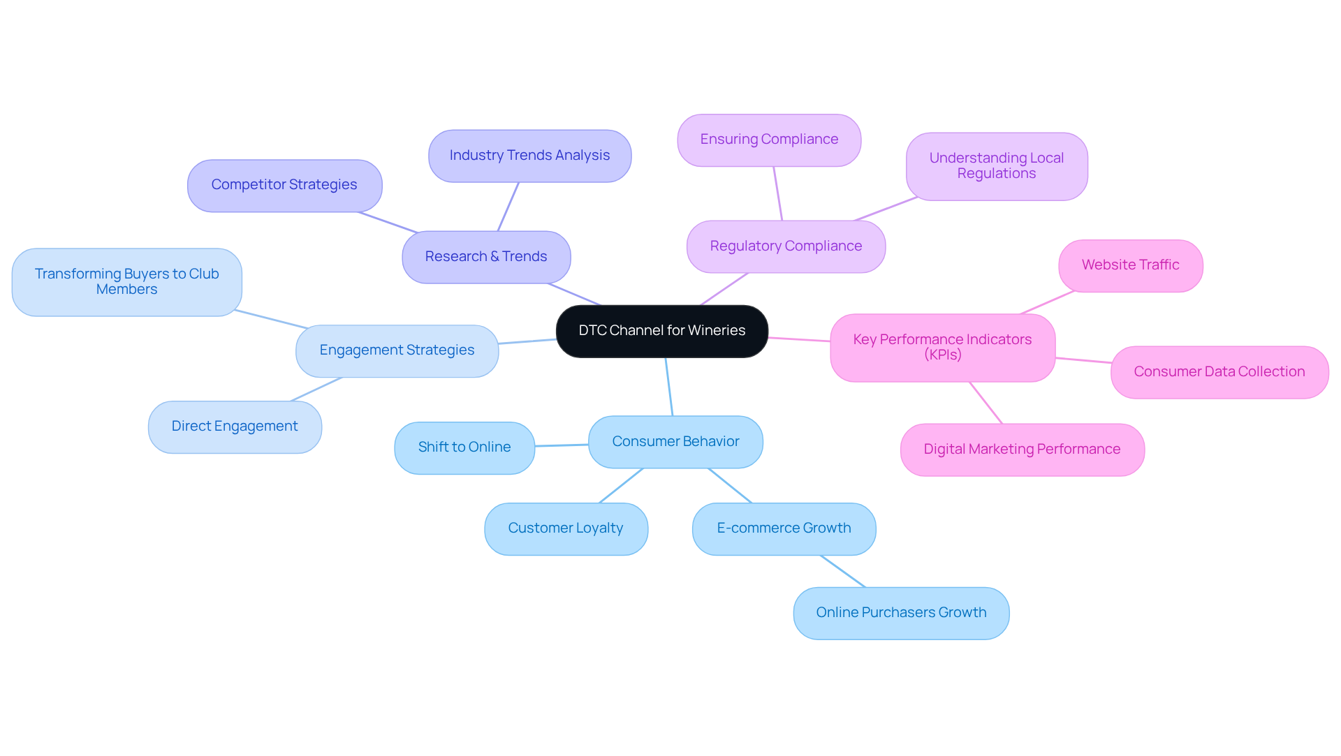 The central node shows the main focus on the DTC channel, and branches represent key areas that wineries need to consider. Follow the branches to understand how each topic contributes to a successful DTC strategy. The central node shows the main focus on the DTC channel, and branches represent key areas that wineries need to consider. Follow the branches to understand how each topic contributes to a successful DTC strategy.