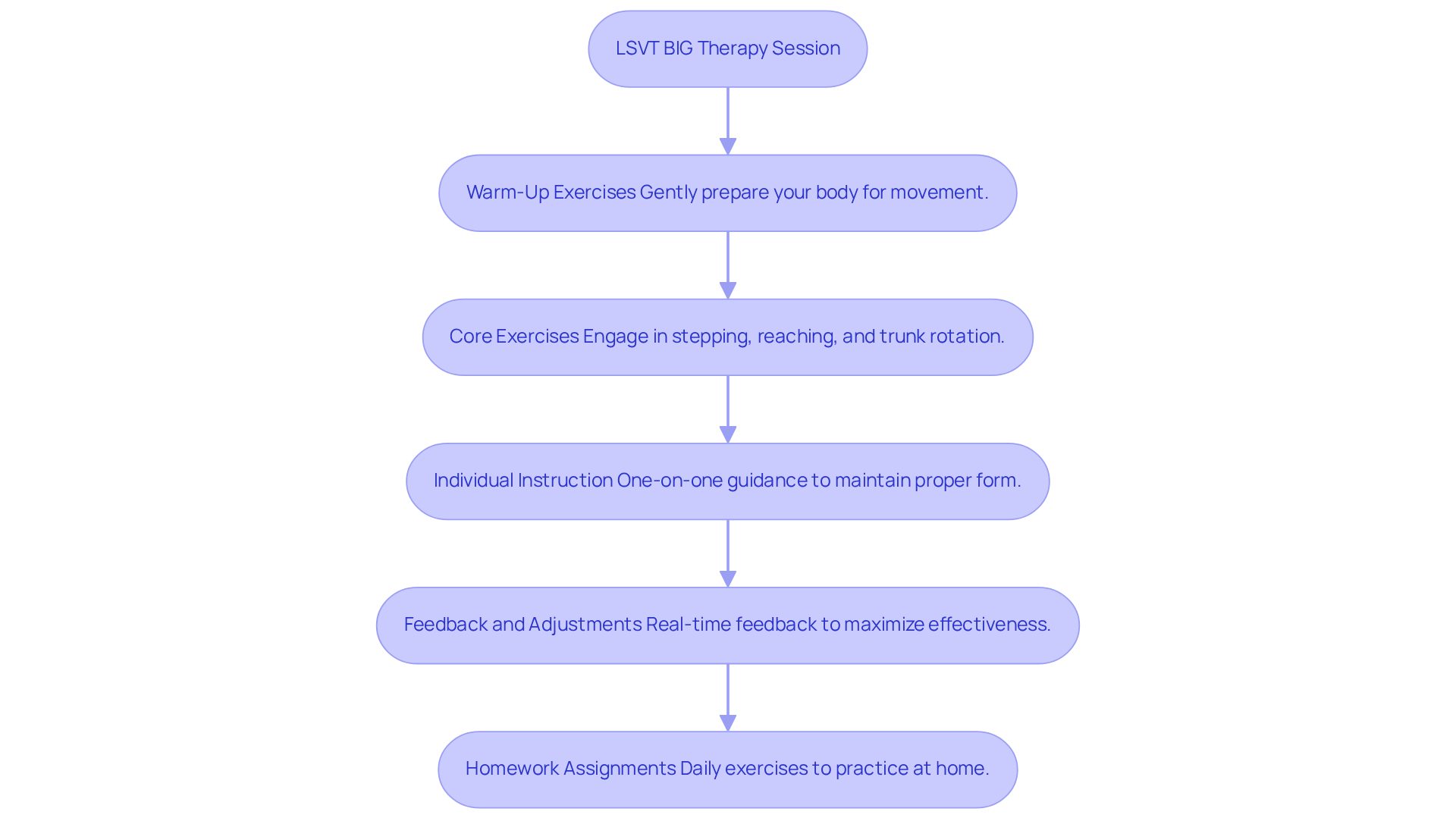 Each box represents a key part of the therapy session. Follow the arrows to see how each step leads to the next, helping you understand the complete process of your rehabilitation journey.