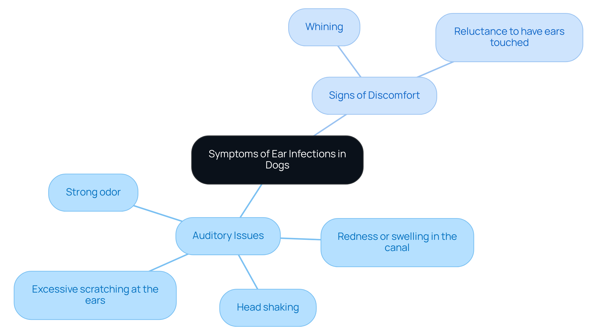 Start at the center with the main topic, and follow the branches to see different symptoms. Each branch represents a category of symptoms, helping you understand what to look for when considering your dog's ear health. Start at the center with the main topic, and follow the branches to see different symptoms. Each branch represents a category of symptoms, helping you understand what to look for when considering your dog's ear health.