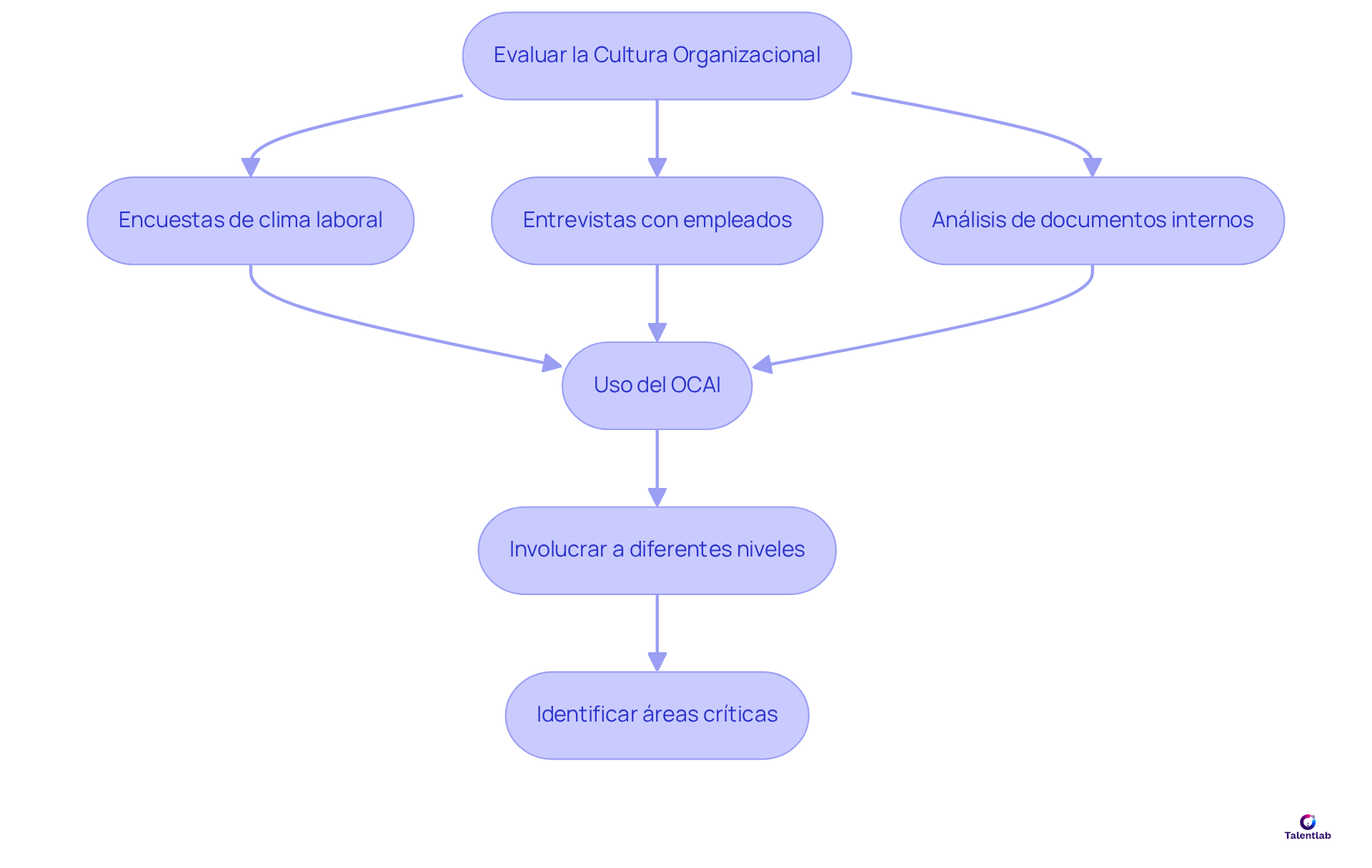 Cada cuadro representa un paso en el proceso de evaluación. Sigue las flechas para entender cómo cada método se conecta y contribuye a la evaluación general de la cultura organizacional.