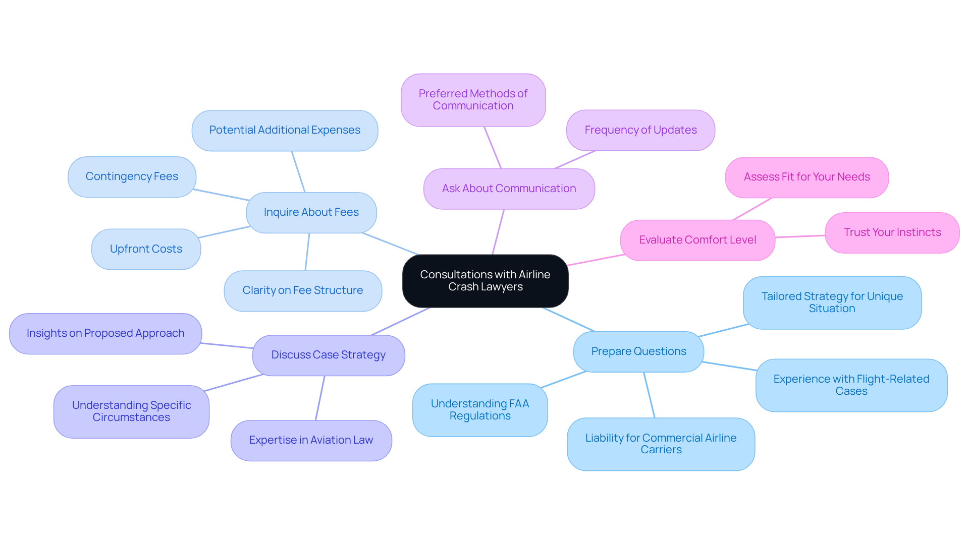 The center represents the main focus of your consultations, while the branches show different areas to consider. Each sub-point under the branches provides specific questions or considerations to help you make informed decisions.