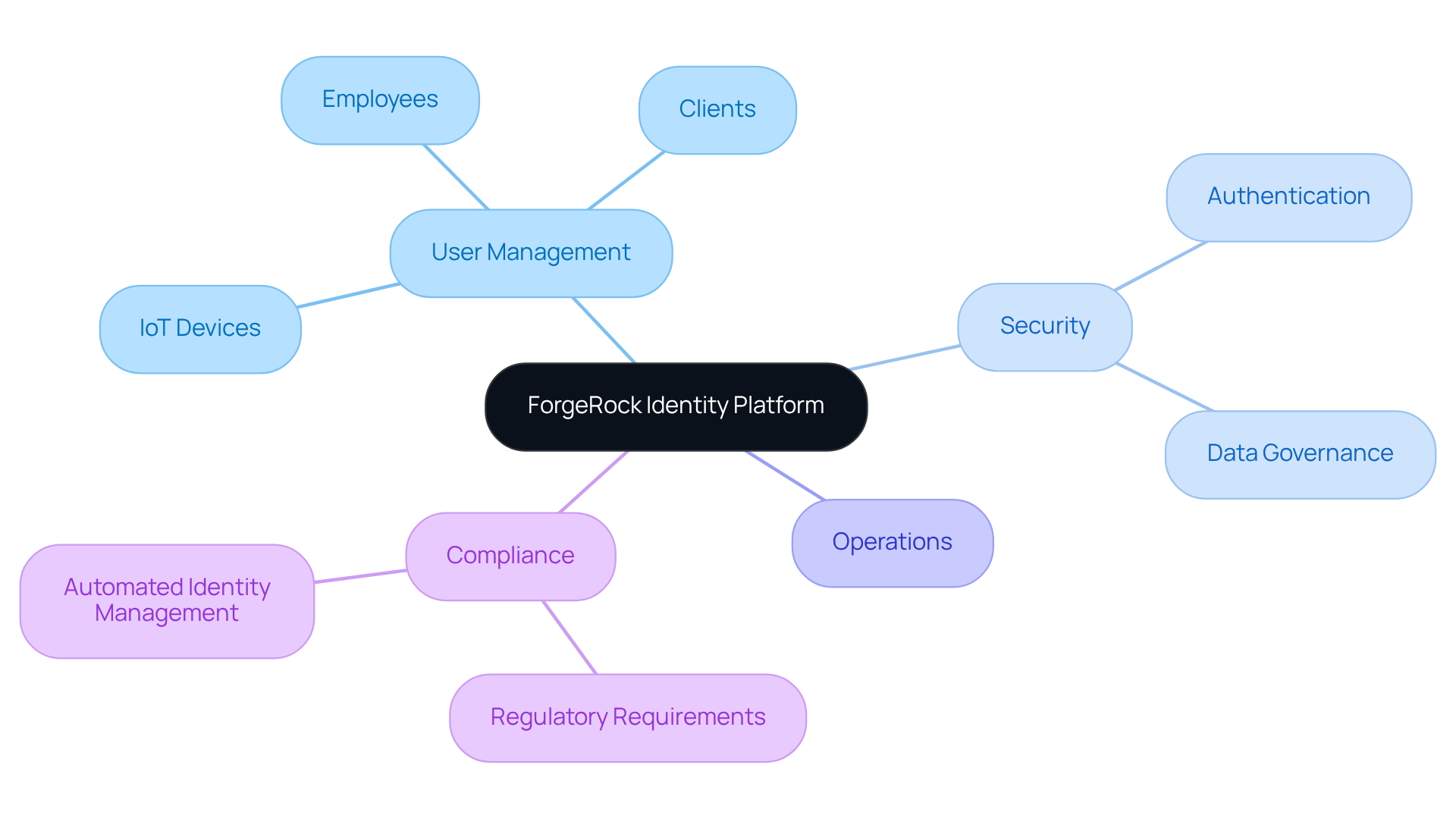The center represents ForgeRock's platform, with branches showing how it manages different user types and enhances security and compliance in financial services.