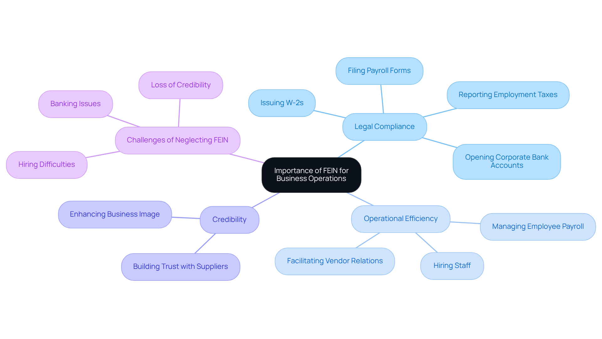 The central node represents the overall importance of FEIN, while the branches show how it impacts various aspects of business operations. Each sub-node provides specific details related to that aspect. The central node represents the overall importance of FEIN, while the branches show how it impacts various aspects of business operations. Each sub-node provides specific details related to that aspect.