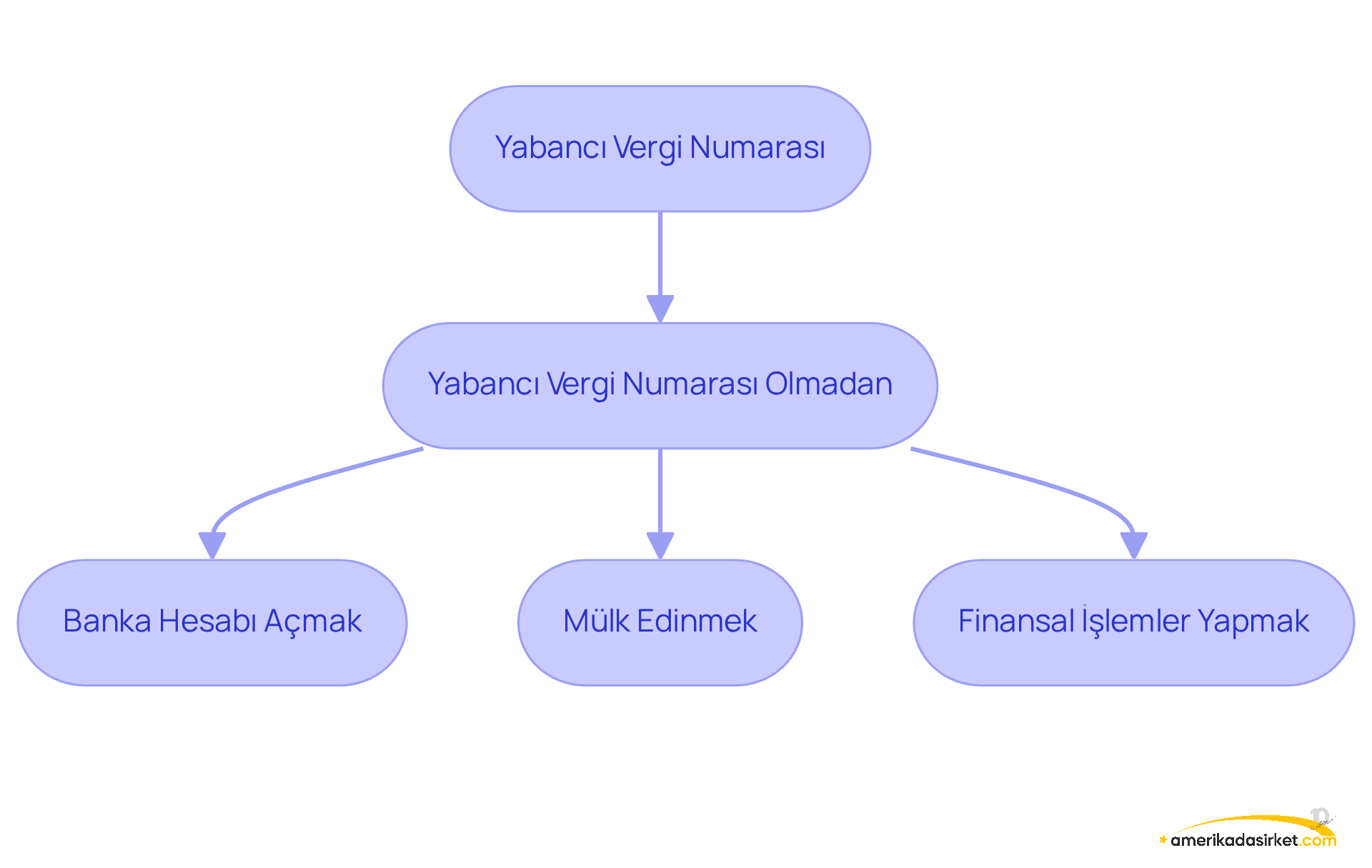 Bu diyagram, yabancı vergi numarasının önemini ve olmadan nelerin mümkün olmadığını gösteriyor. Her kutu, sürecin bir adımını temsil ediyor ve oklar, bu adımların nasıl birbirine bağlı olduğunu gösteriyor.