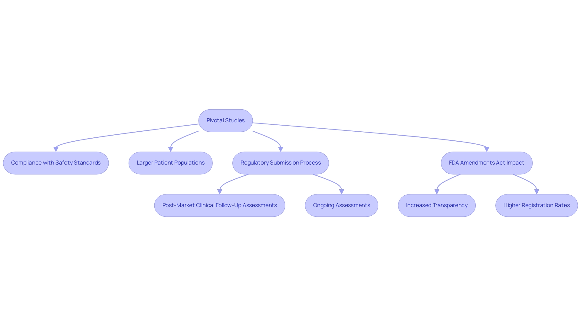 Each box represents a step in the pivotal study process and its relationship to regulatory compliance. Arrows indicate the flow and connections between processes.