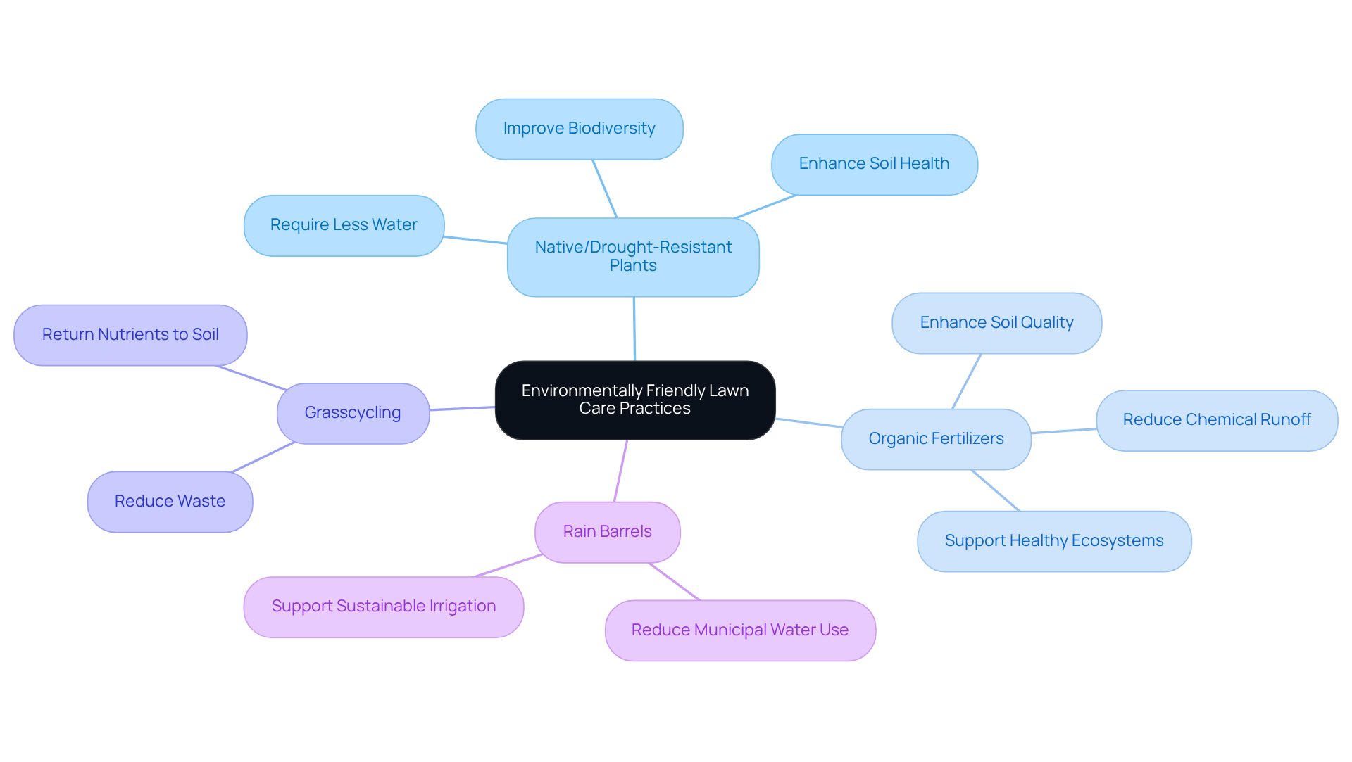 Start at the center with the main idea of sustainable lawn care, then explore each branch to discover specific practices that help you maintain a beautiful lawn while protecting the environment.